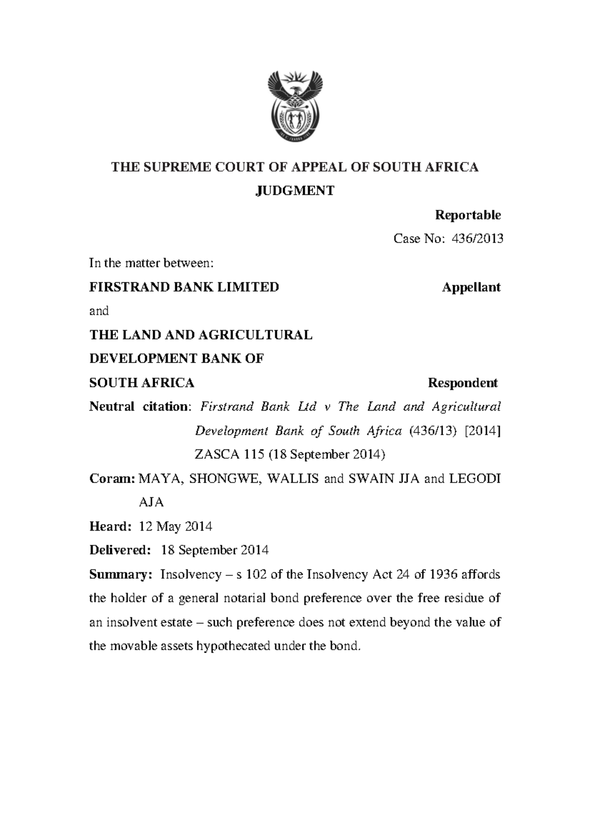 First Rand Bank case - case law - THE SUPREME COURT OF APPEAL OF SOUTH ...