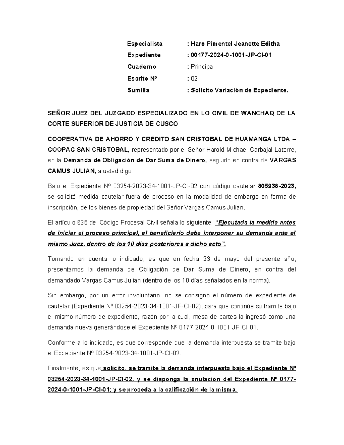 Escrito Solicito Variación de Tramitación de Expediente - Especialista ...