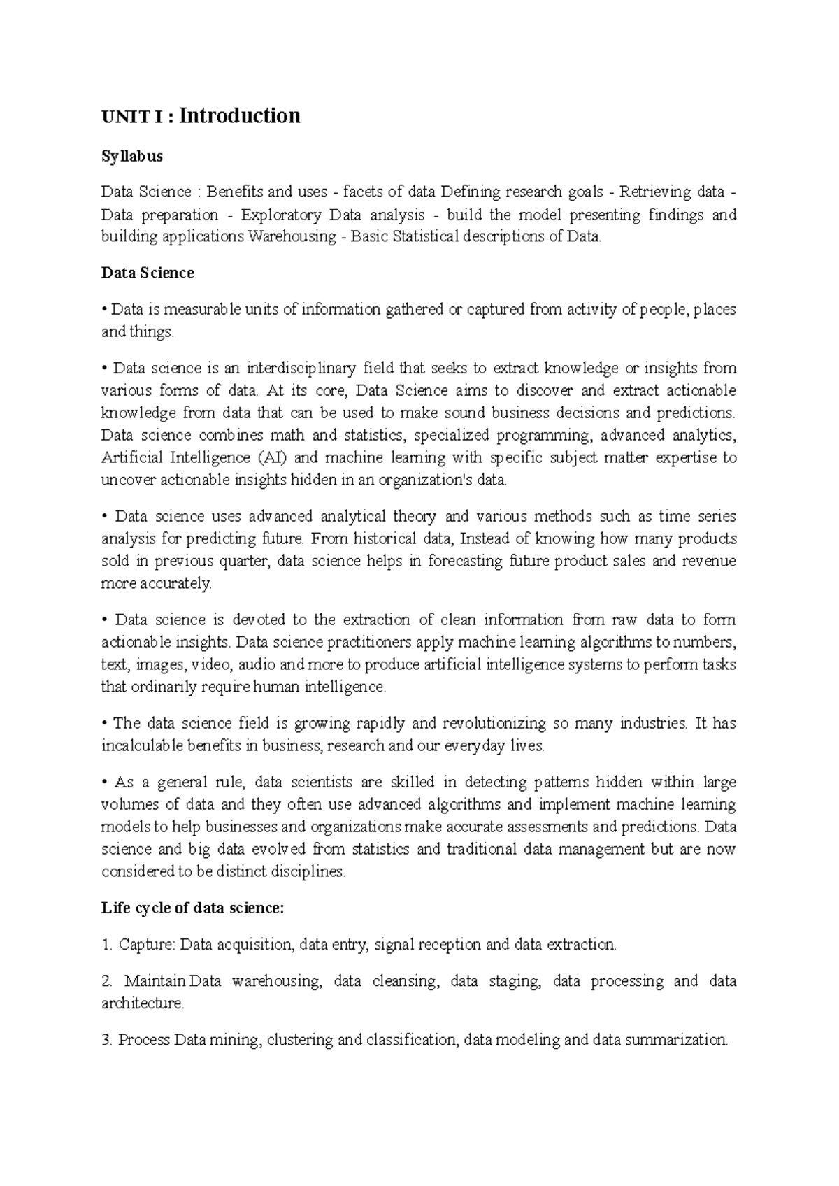 OCS353 Unit I - Material - UNIT I : Introduction Syllabus Data Science : Benefits and uses ...