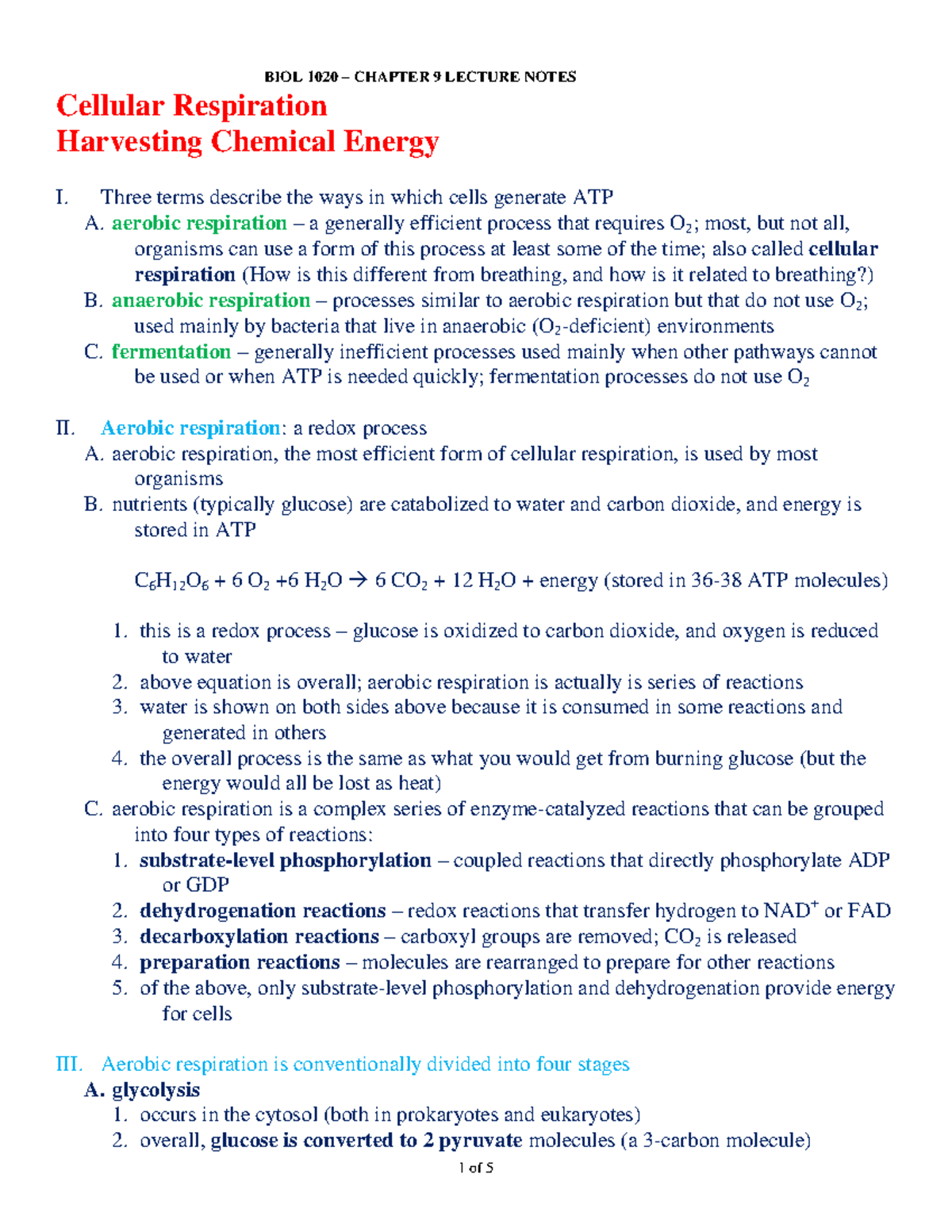 Cellular Respiration - Lecture notes 3 - Cellular Respiration ...