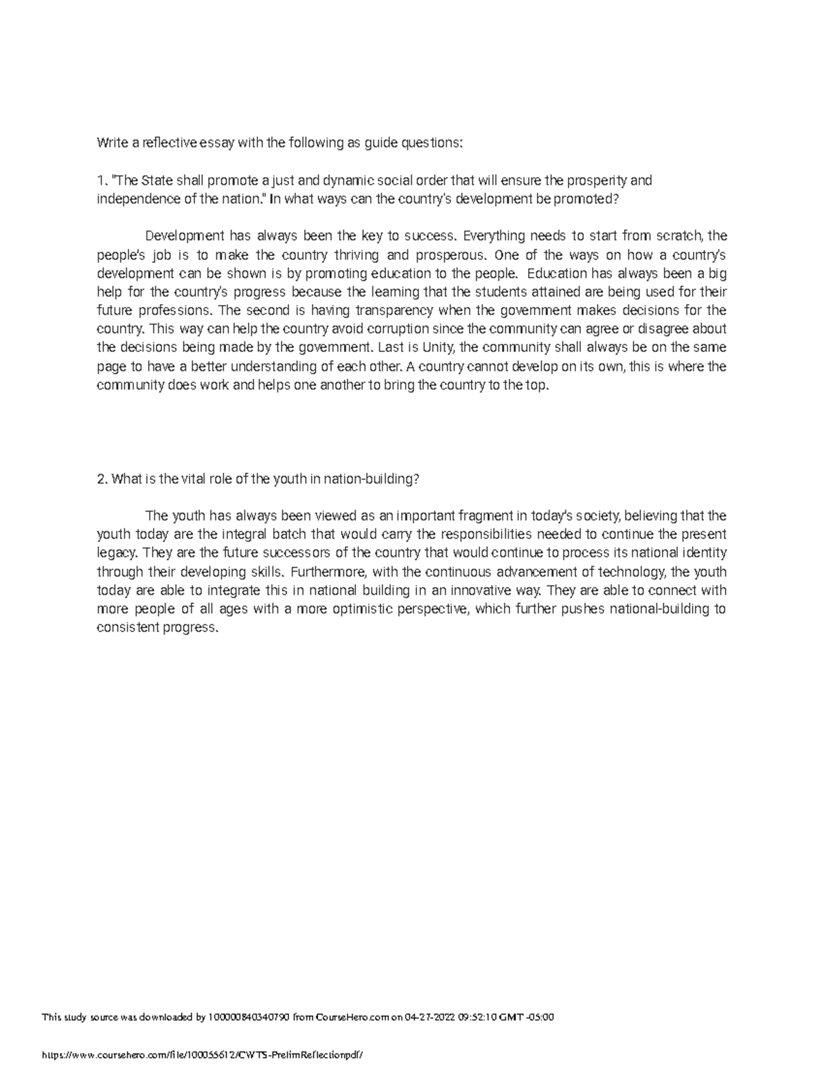 CWTS Prelim Reflection - Write a reflective essay with the following as ...