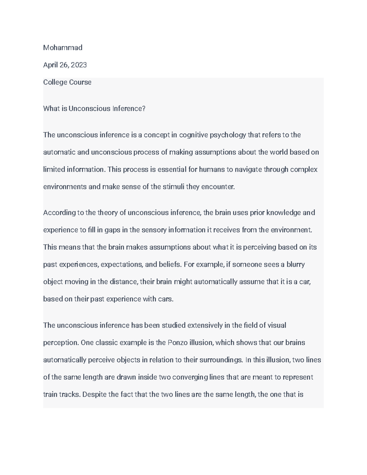 What is Unconscious Inference - Mohammad April 26, 2023 College Course ...