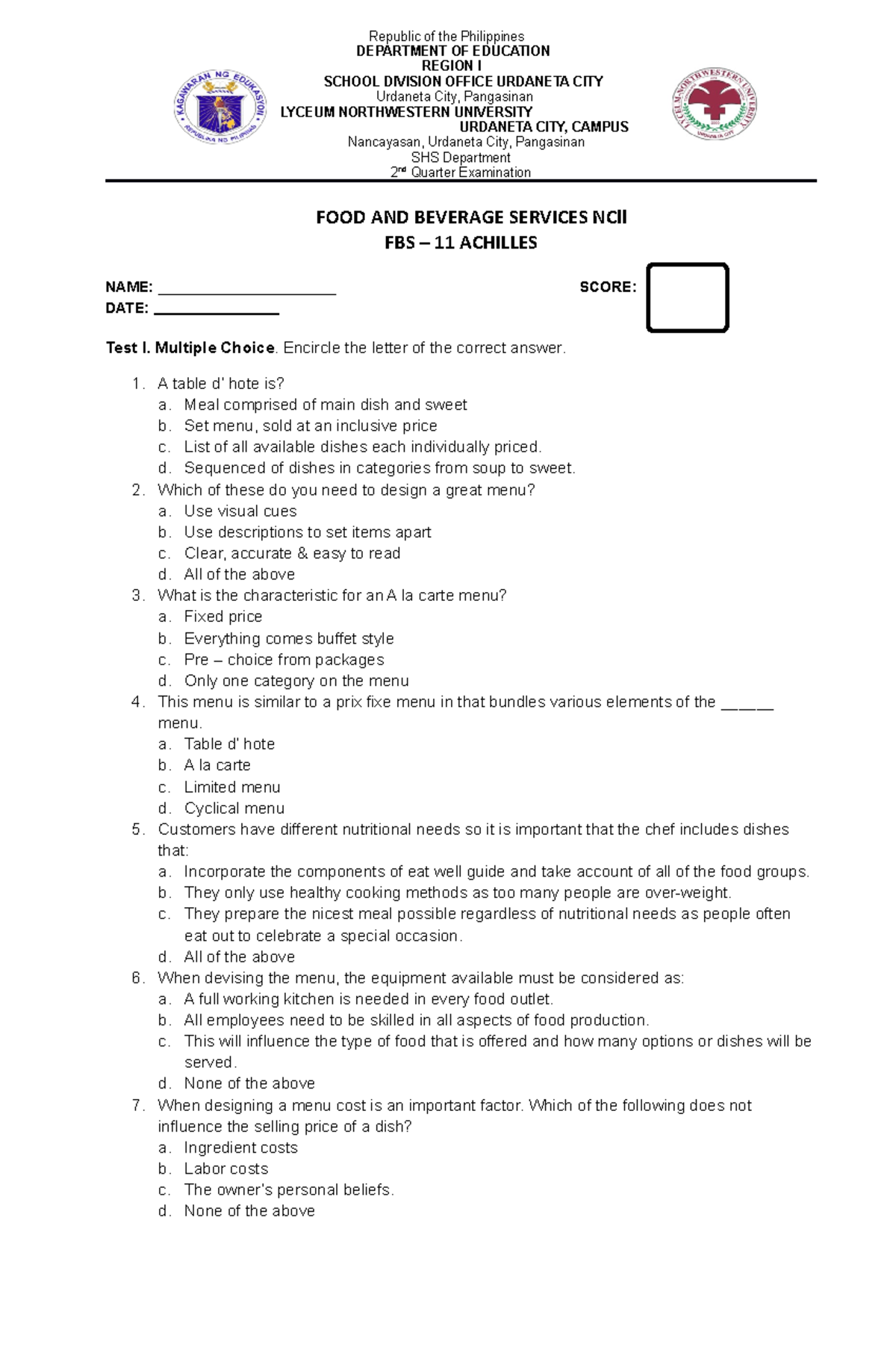 2nd Quarter EXAM 2020 SHS JHS - Republic of the Philippines DEPARTMENT ...