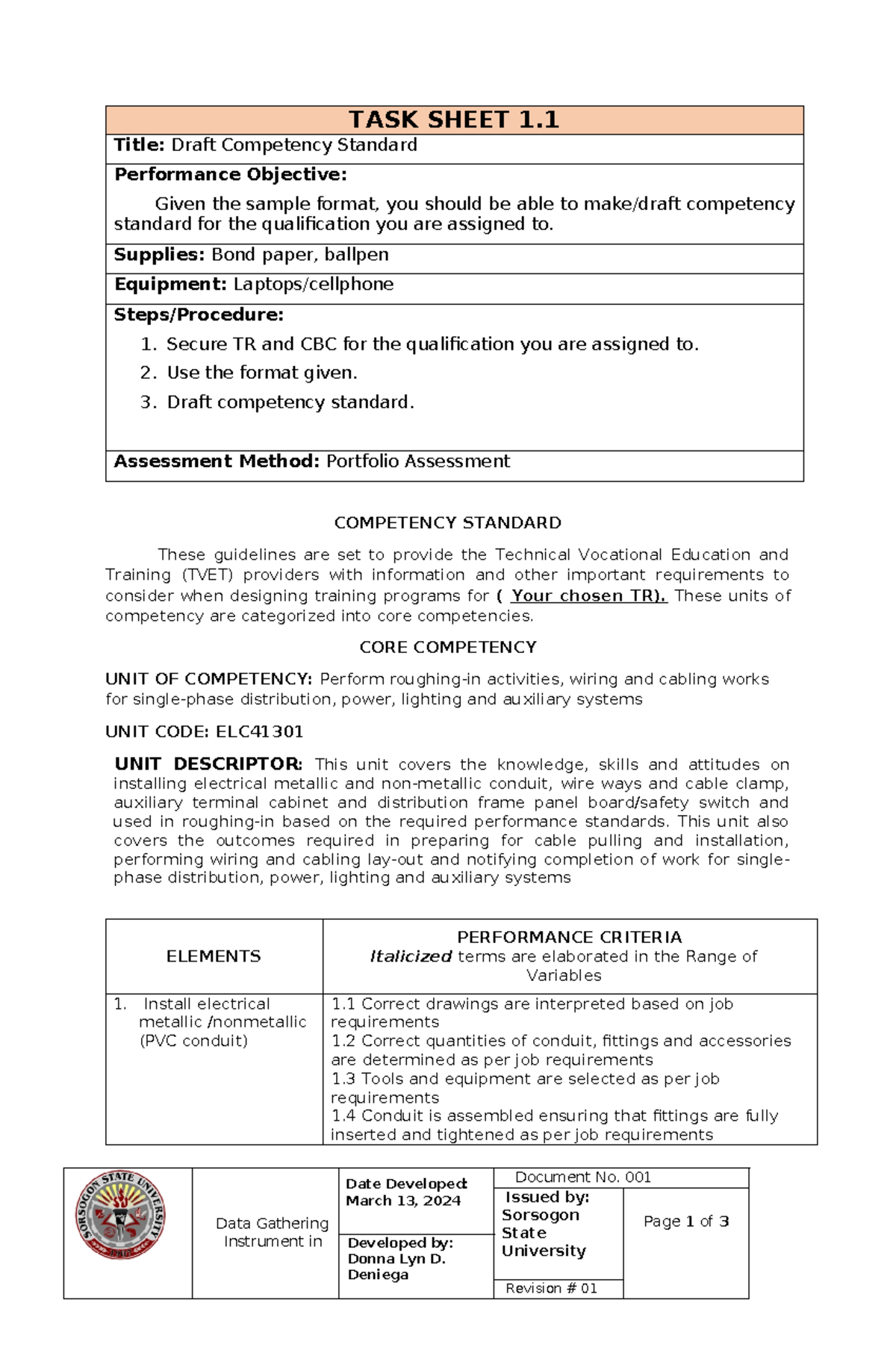 TASK Sheet 1.1- Competency Standard Deniega - TASK SHEET 1. Title: Draft Competency Standard ...