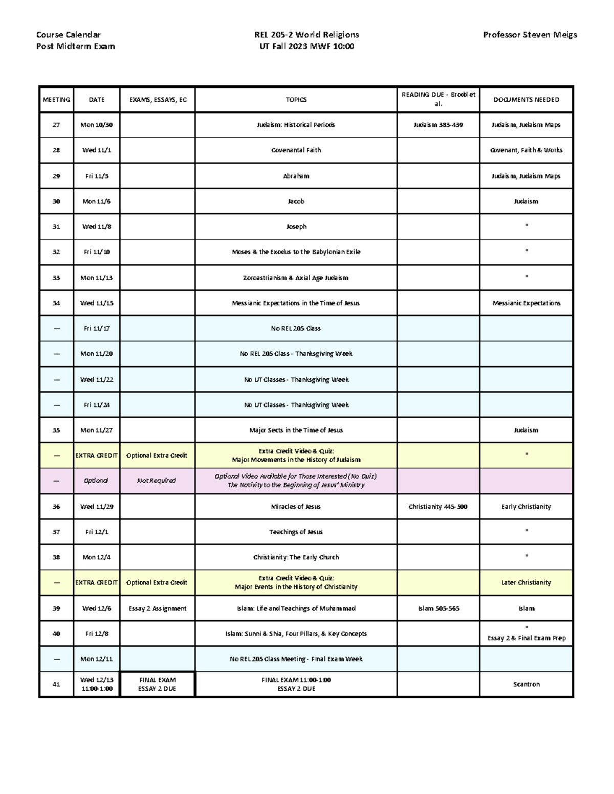 Calendar REL205-2 F23 MOD - Course Calendar Post Midterm Exam REL 205-2 ...