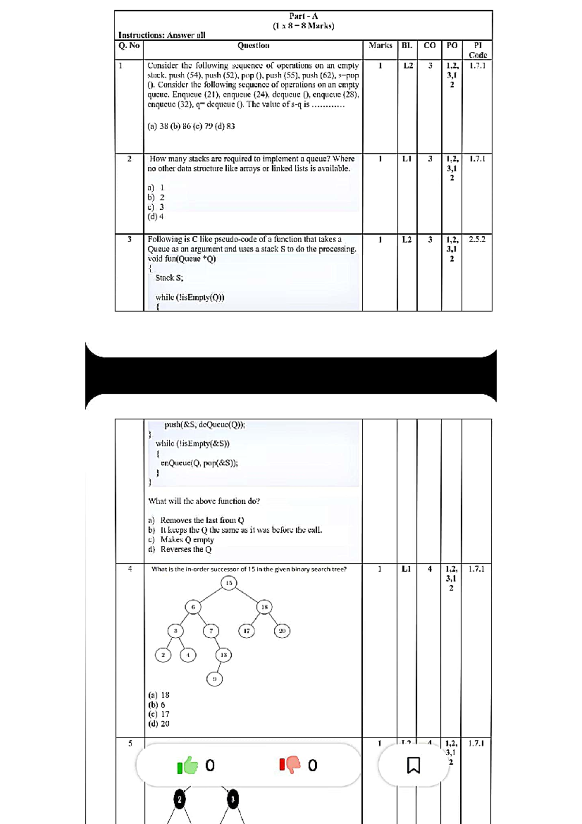 CT2 dsa practice - Part A (1 X 8 8 Marks) Instructions: Answer all Q. No Question Marks BL CO PO ...