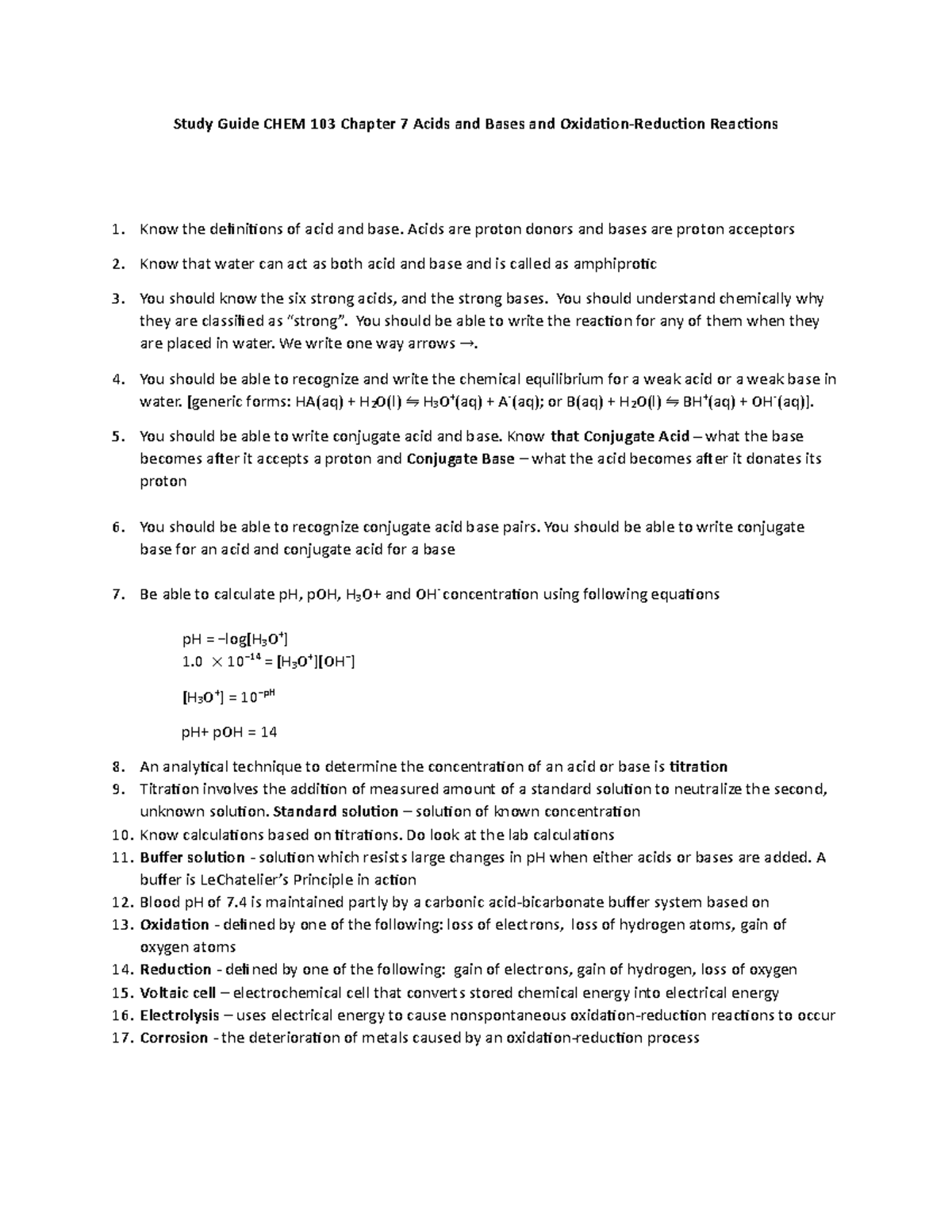 Study Guide Chapter 7 CHEM 103 - Study Guide CHEM 103 Chapter 7 Acids ...
