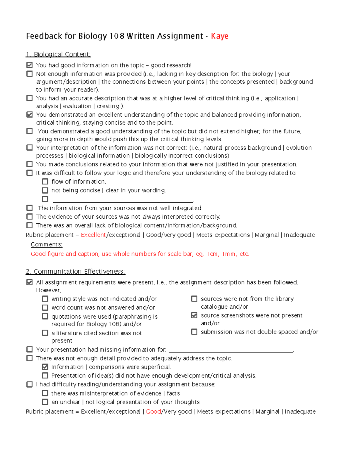 Writing Assignment 1 Feedback - Feedback for Biology 108 Written ...