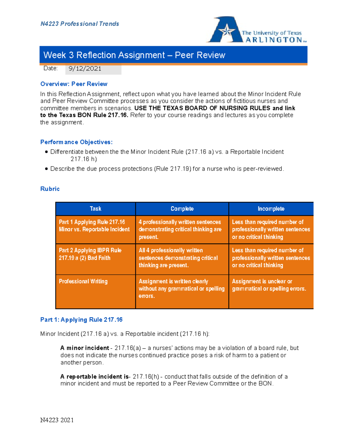 N4223-Wk 3 Assignment Peer Review 2021-1 - N4223 Professional Trends ...
