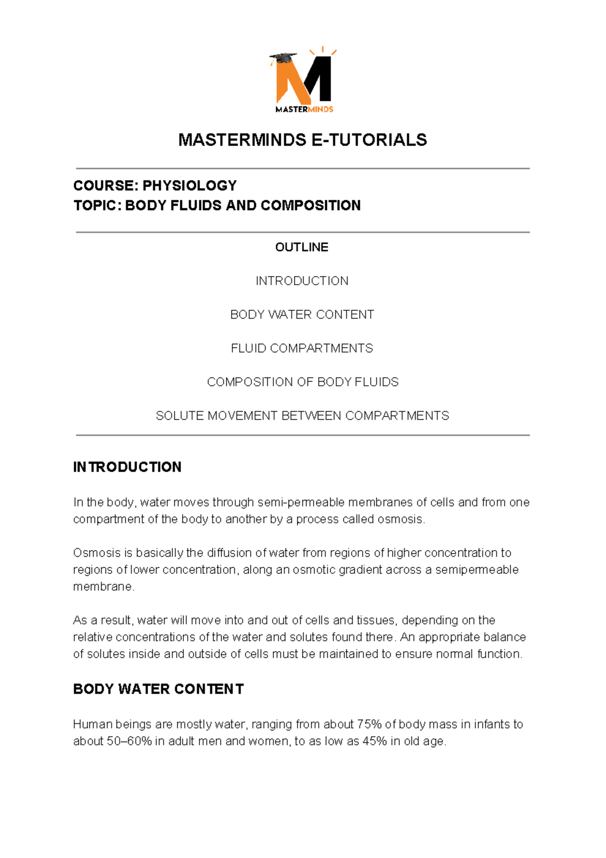 Body Fluids - Lecture notes Dr. Frank - MASTERMINDS E-TUTORIALS COURSE ...