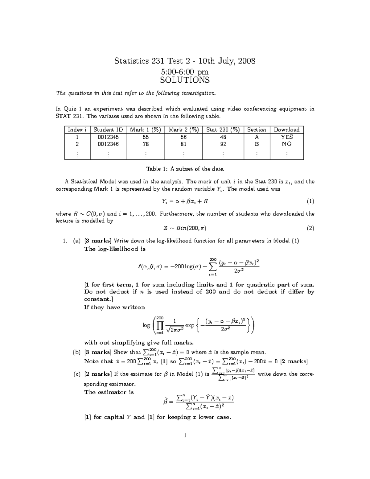 Seminar assignments - quiz 2 solutions - Statistics 231 Test 2 - 10th ...