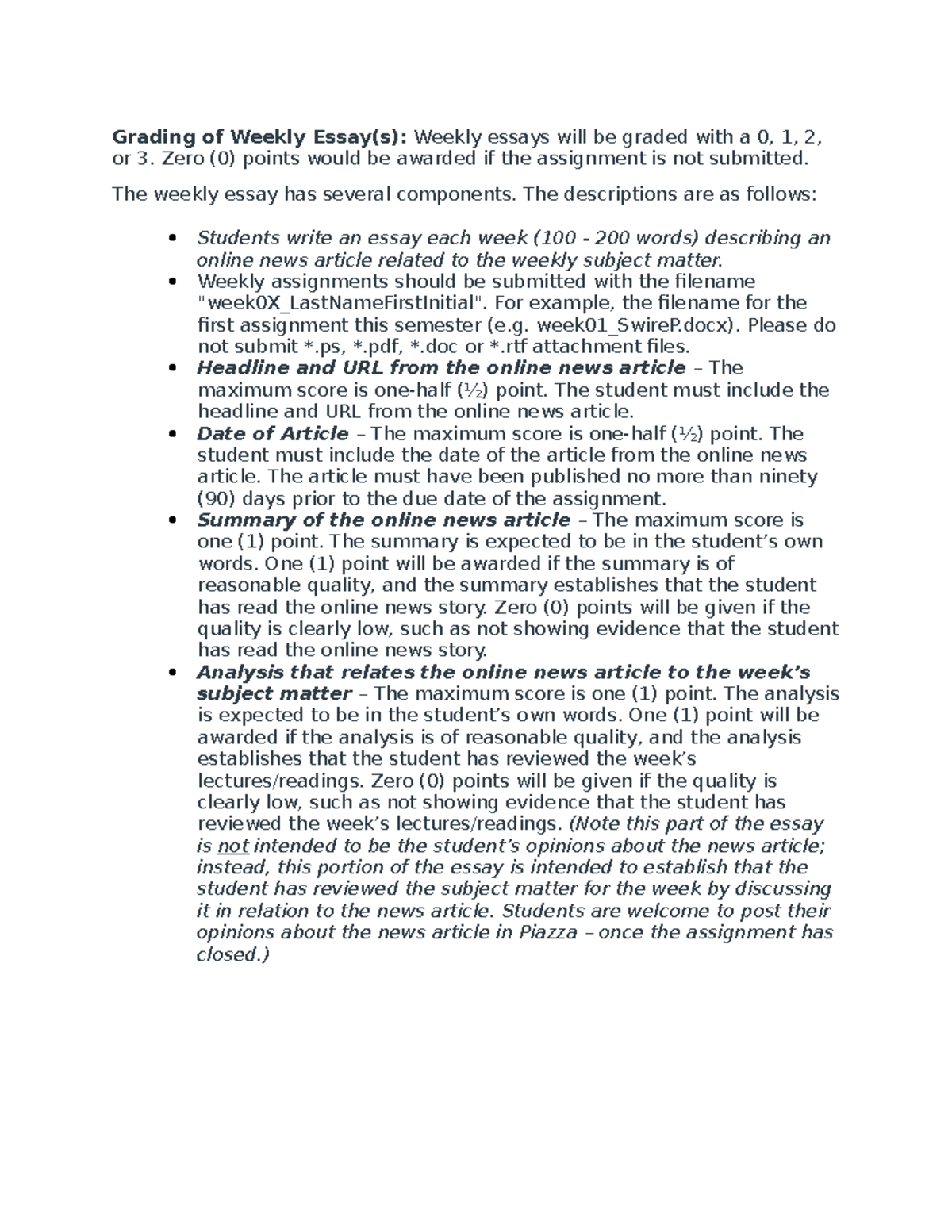 Week01 Swire P - homework example - Grading of Weekly Essay(s): Weekly ...