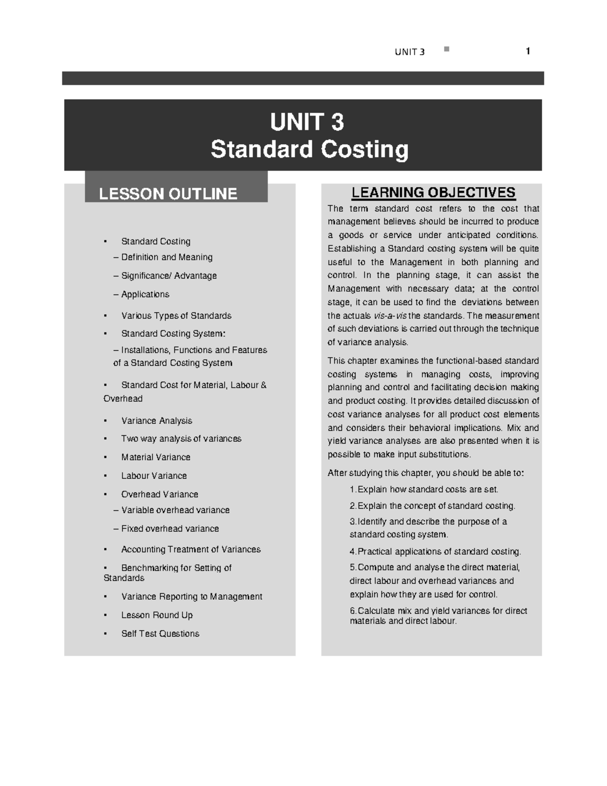 UNIT 3 Standard Costing - UNIT 3 Standard Costing LESSON OUTLINE ...