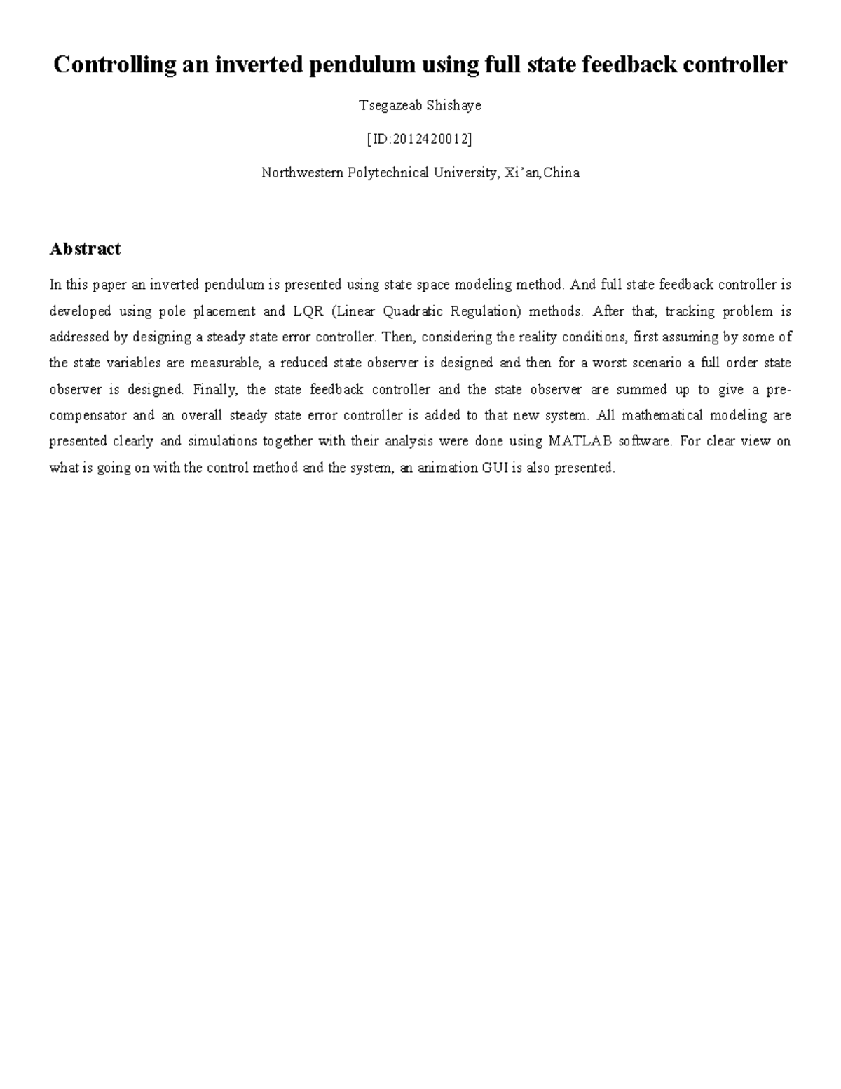 Inverted Pendulum Control and Stability - Controlling an inverted ...