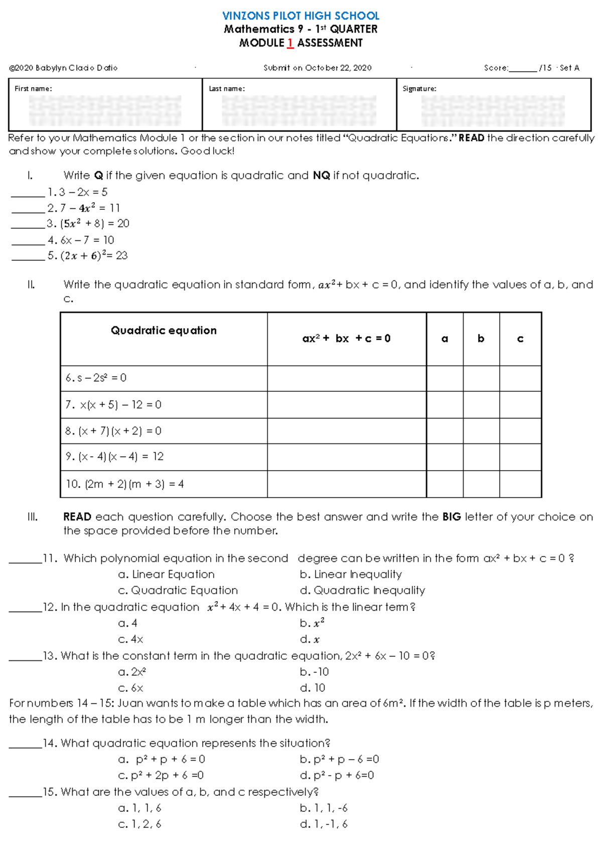 QUIZ 1-M1 - Parallel Assessment - VINZONS PILOT HIGH SCHOOL Mathematics ...