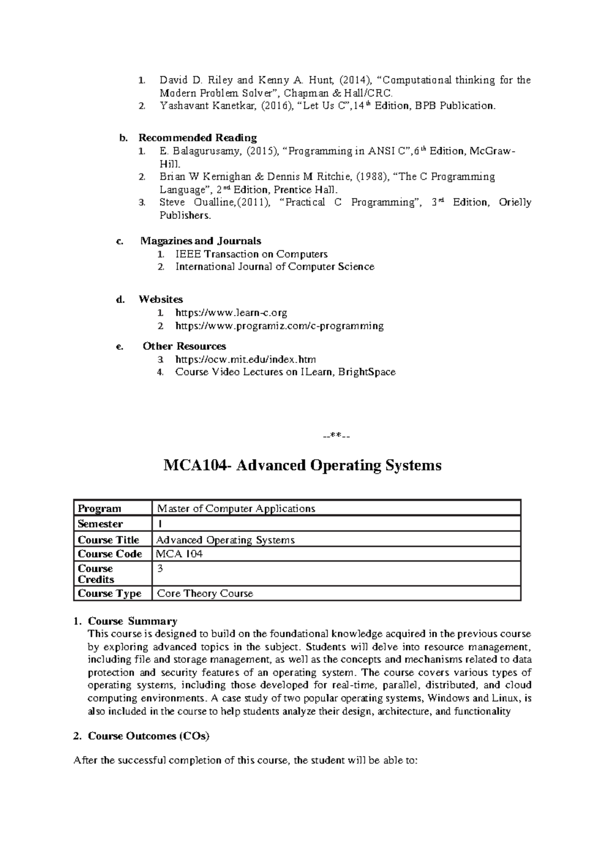 MCA SEM 1 Syllabus - RTOS - David D. Riley and Kenny A. Hunt, (2014), “Computational thinking ...