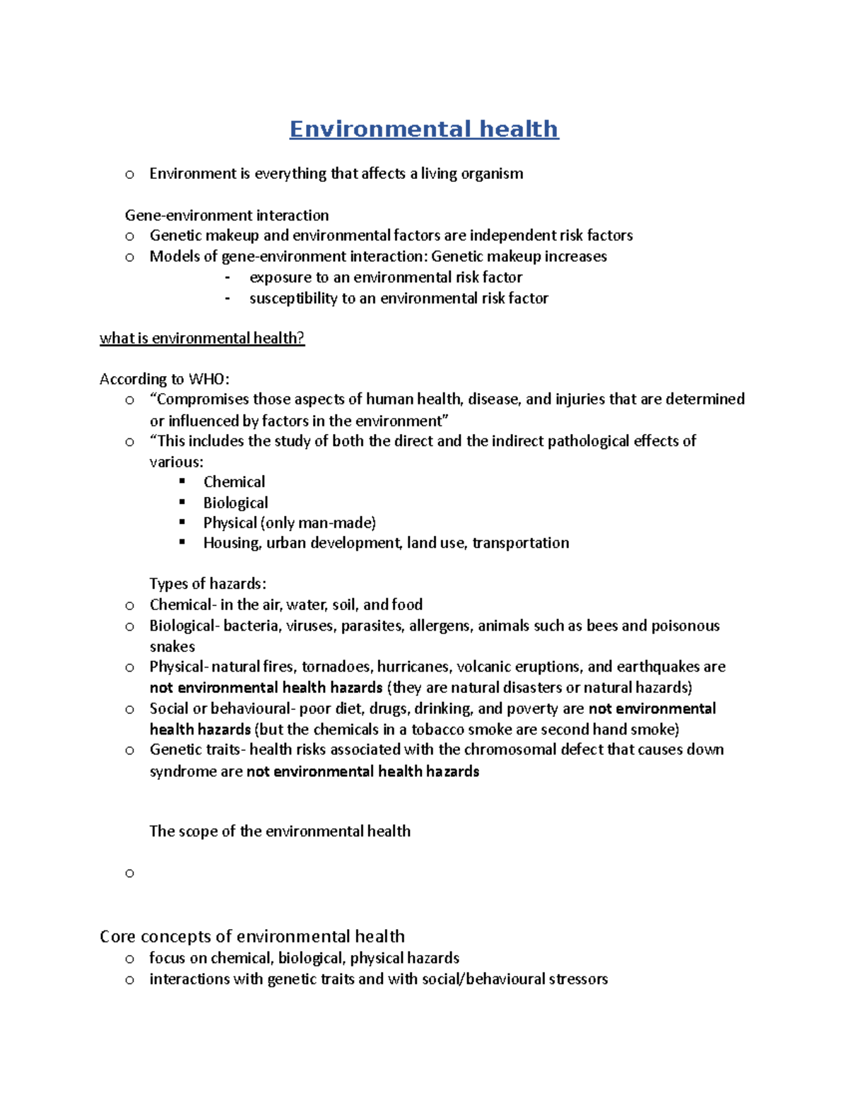 Environmental health - notes for final - Environmental health o ...