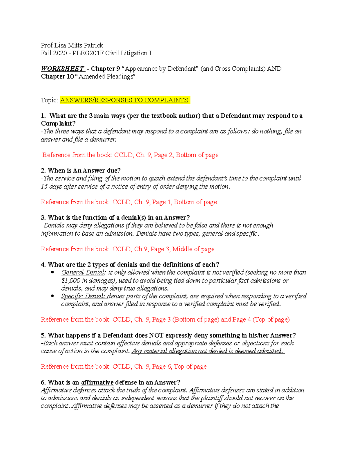 Worksheet Ch 9-10 - Prof Lisa Mitts Patrick Fall 2020 - PLEG201F Civil ...