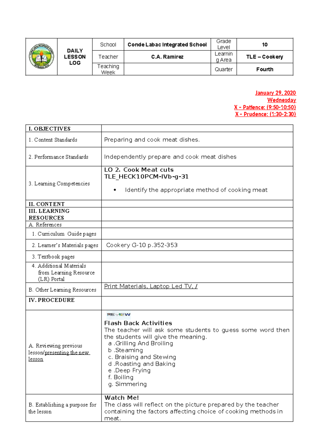 Daily - DAILY LESSON LOG School Conde Labac Integrated School Grade ...