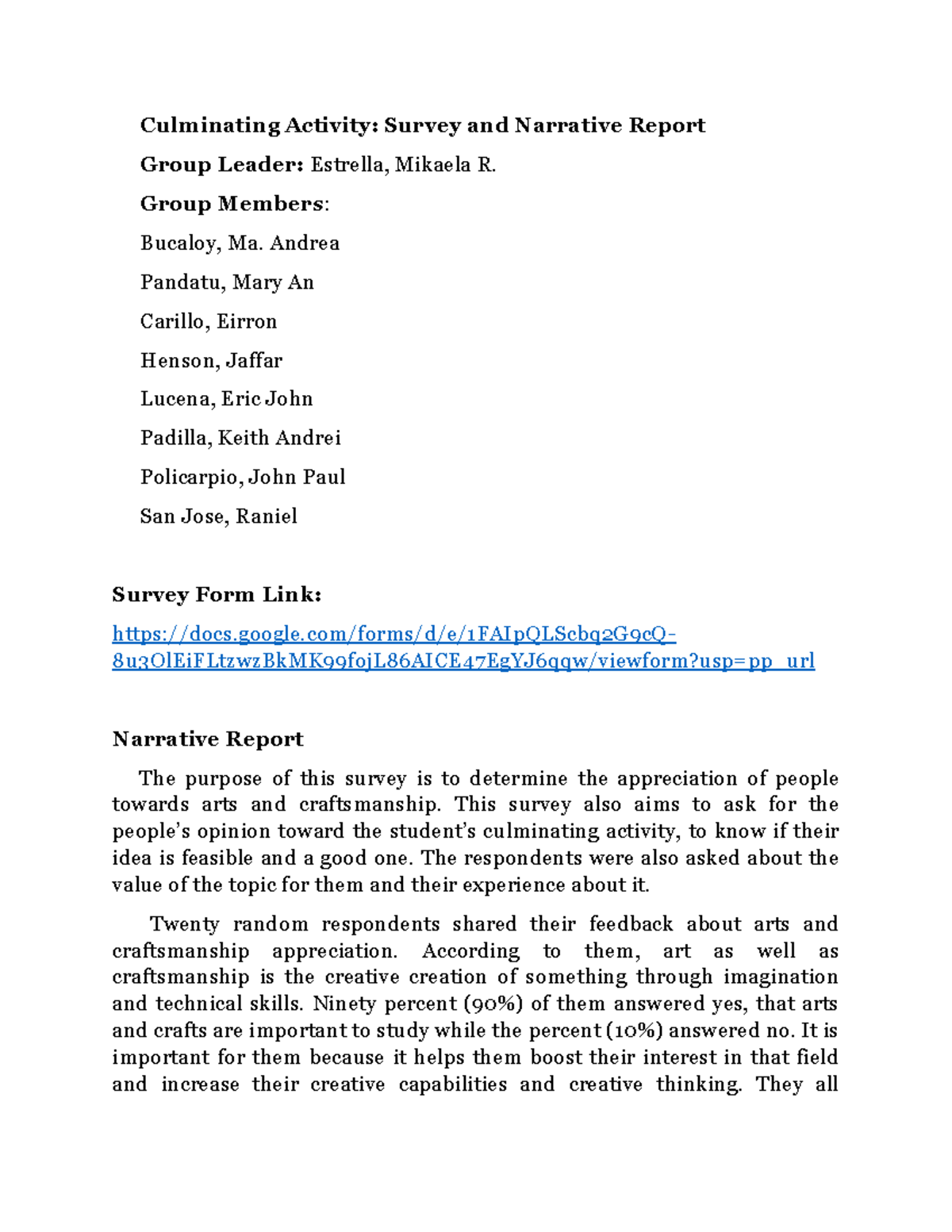 Culminating Activity - Survey and Narrative Report - Culminating ...