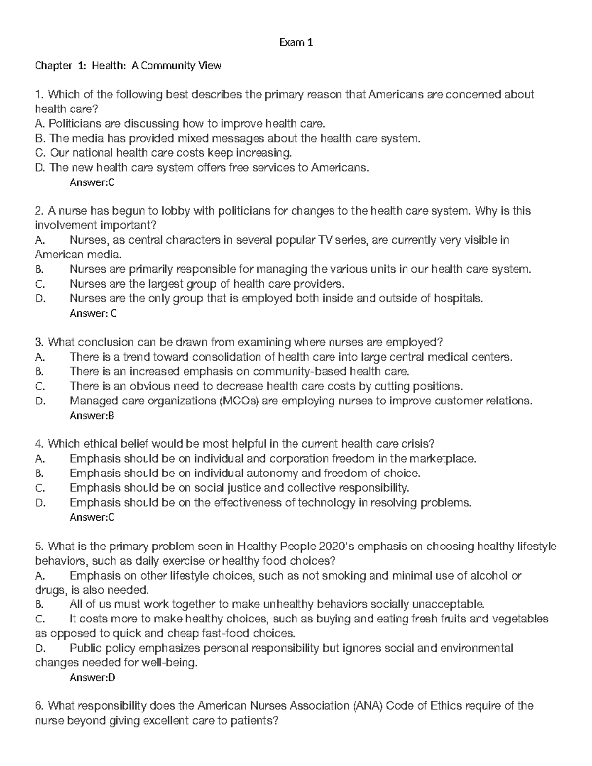 Community exam 1 - Practice exam - Exam 1 Chapter 1: Health: A ...