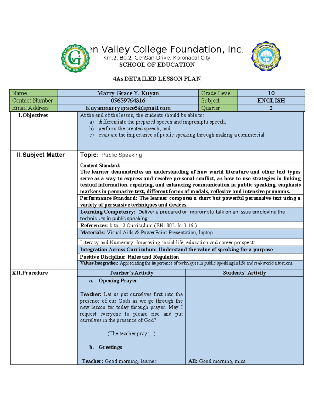 Marry grace DLP Public Speaking - Green Valley College Foundation, Inc ...