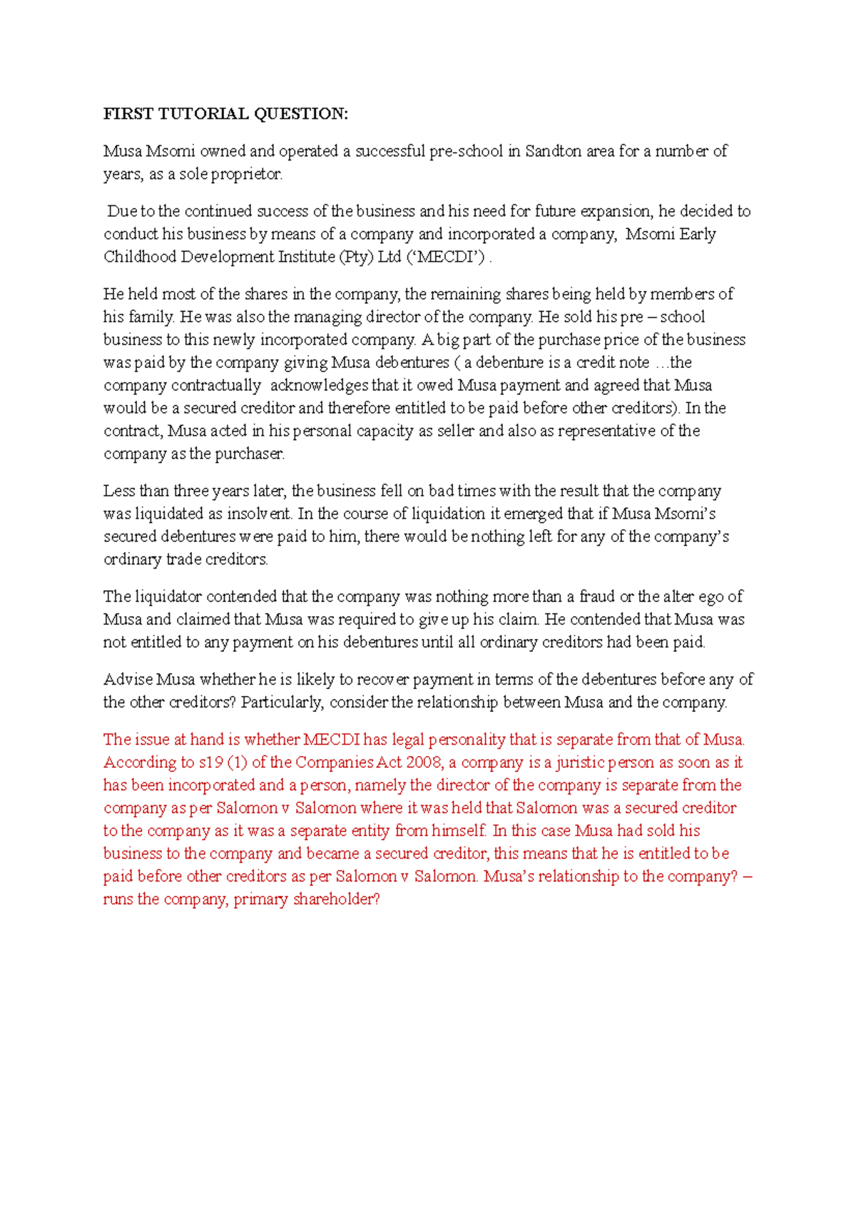 Business Entities (LAWS3028A) Tutorial 1 - Answered - FIRST TUTORIAL ...