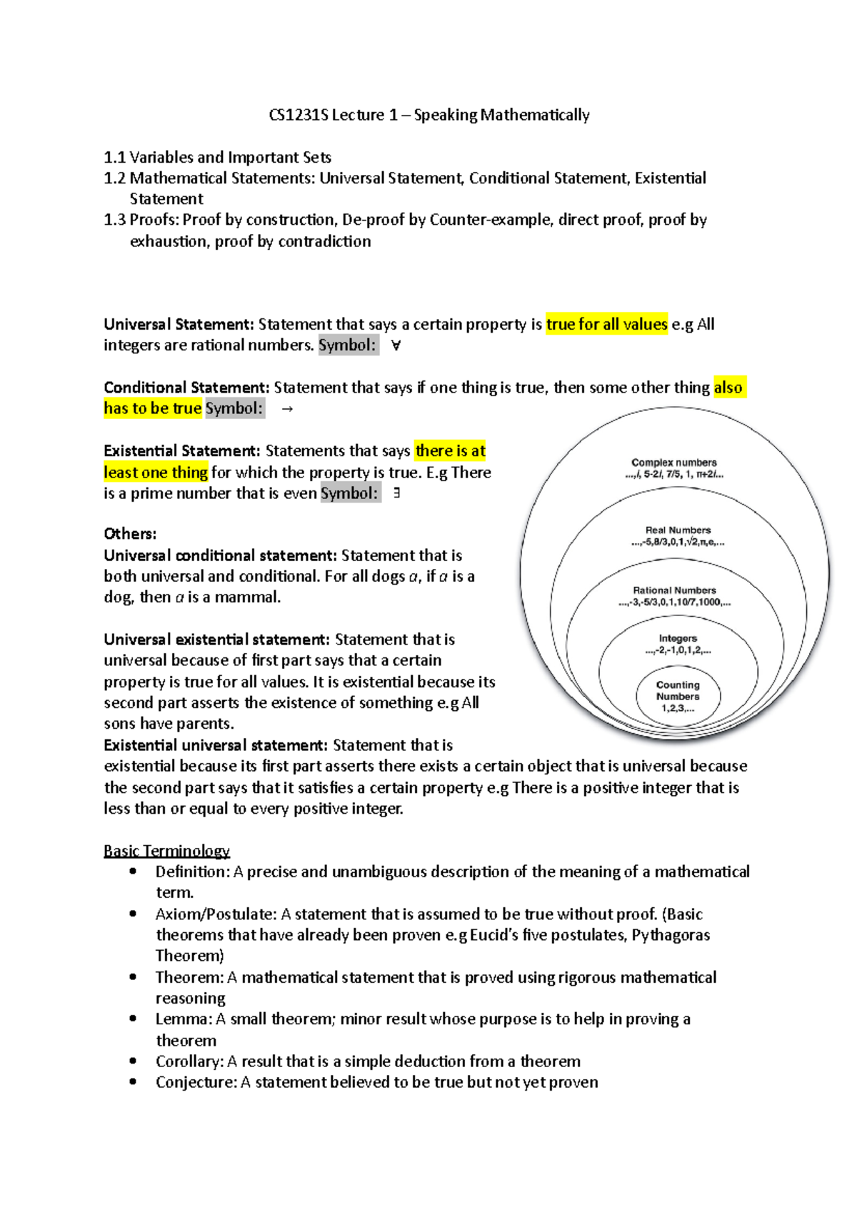 CS1231 Mid-term Notes - 1) Speaking Mathematically 2) Logic of Compound ...