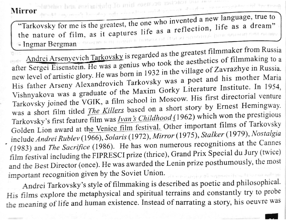 Film studies mirror - study notes - Studocu