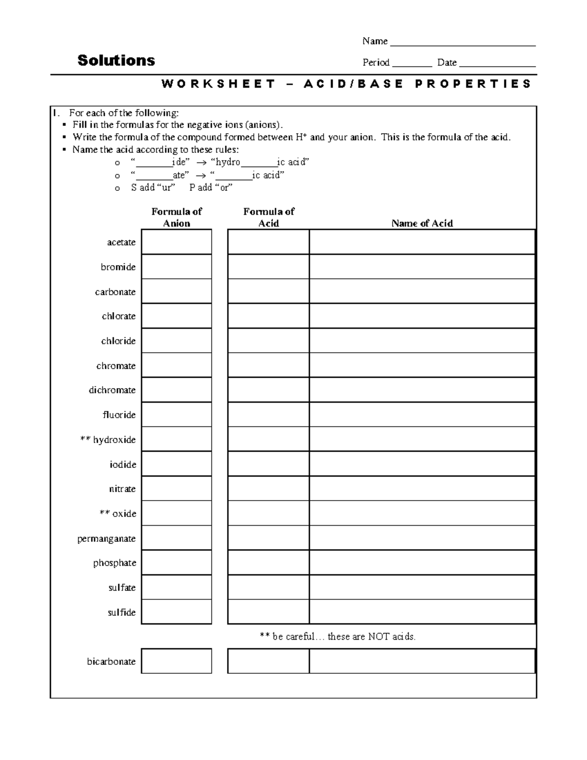 Worksheet - Acids and Bases Properties-1 - Name 9 · Solutions Period ...