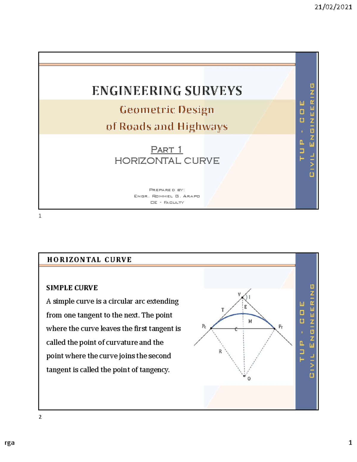 25490454 - curves - Part 1 HORIZONTAL CURVE Prepared by: Engr. Rommel G. Arapo CE - Faculty ...
