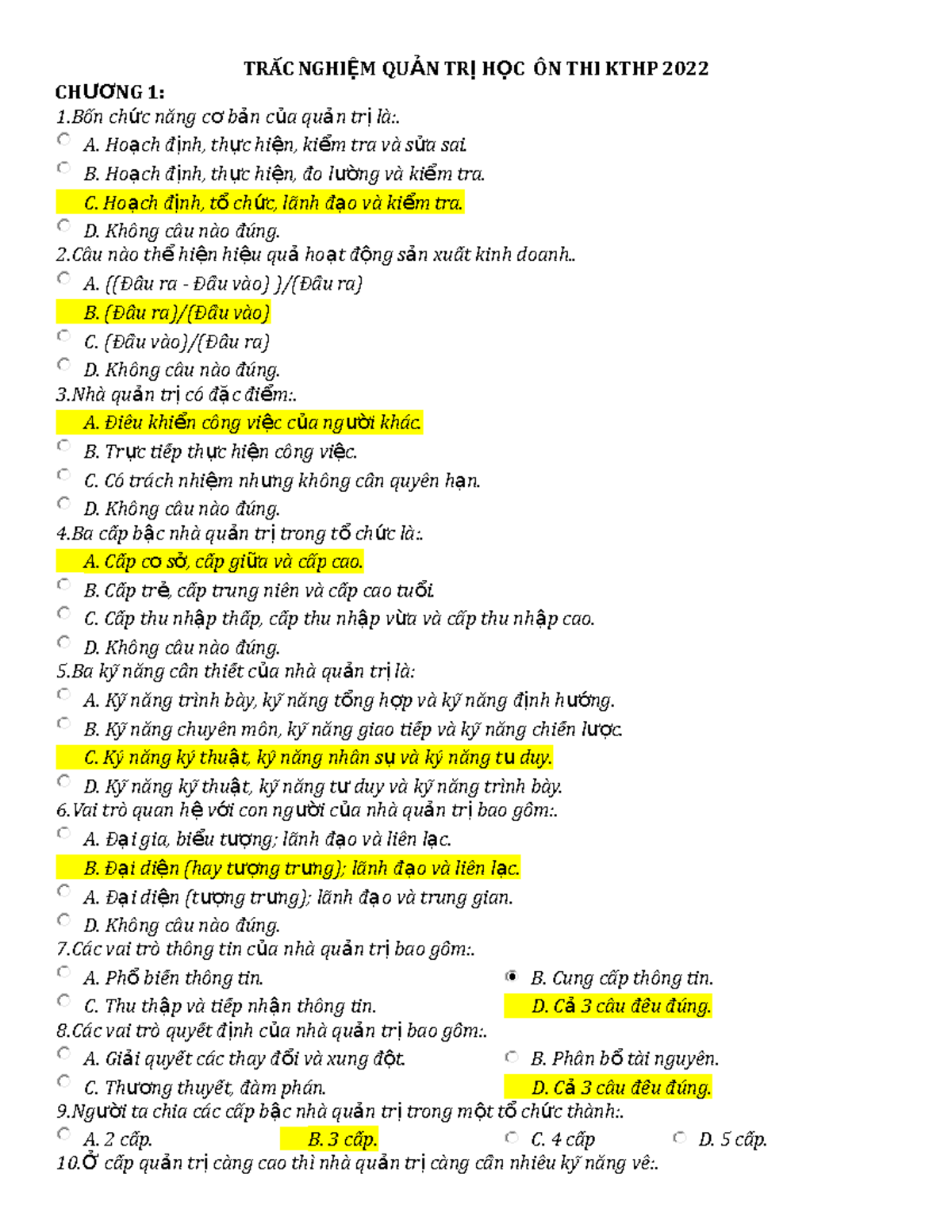 QTH - cố lên mng - TRẮẮC NGHI ỆM QU ẢN TRỊ H ỌC ÔN THI KTHP 2022 CH ƯƠNG 1: 1ốốn ch ức năng cơ b ...