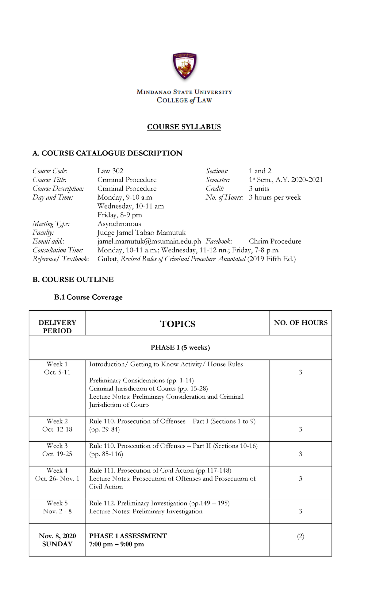 Criminal Procedure Course Syllabus - COURSE SYLLABUS A. COURSE ...
