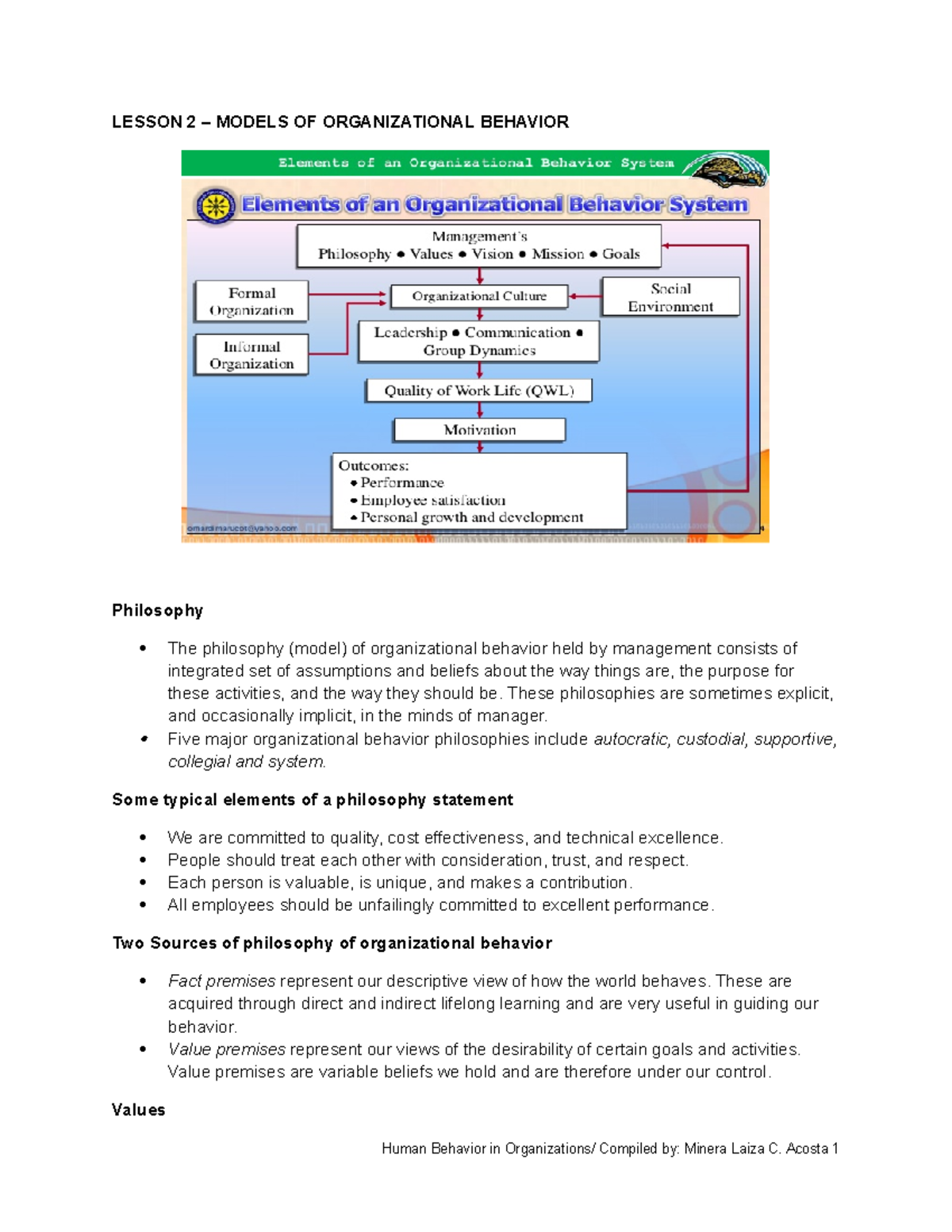 Lesson-2-HBO - HUMAN BEHAVIOR IN AN ORGANIZATION - LESSON 2 – MODELS OF ...