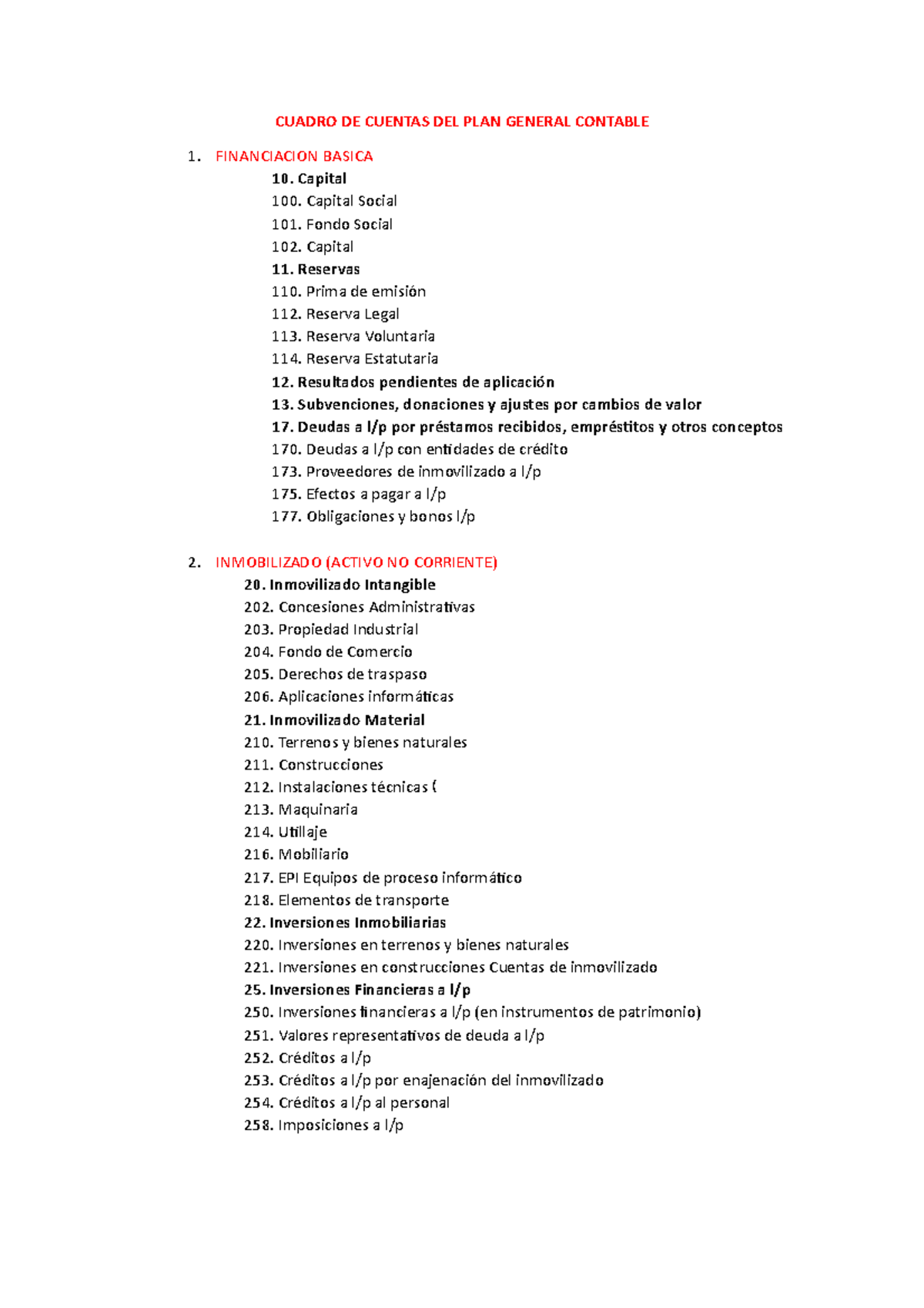 Cuadro DE Cuentas DEL PLAN General Contable - CUADRO DE CUENTAS DEL PLAN GENERAL CONTABLE 1 ...