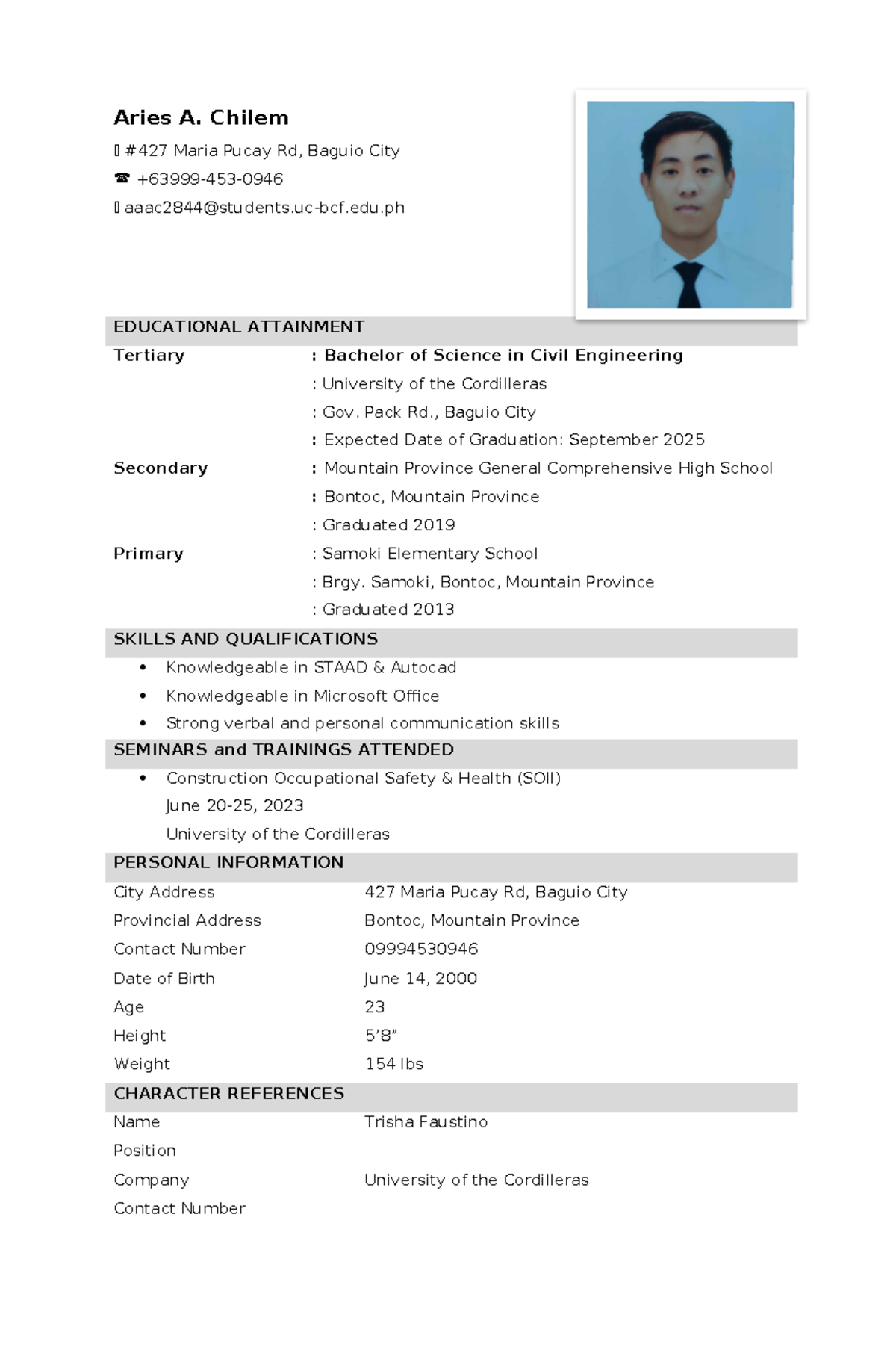 Resume format ojt - Aries A. Chilem #427 Maria Pucay Rd, Baguio City ...