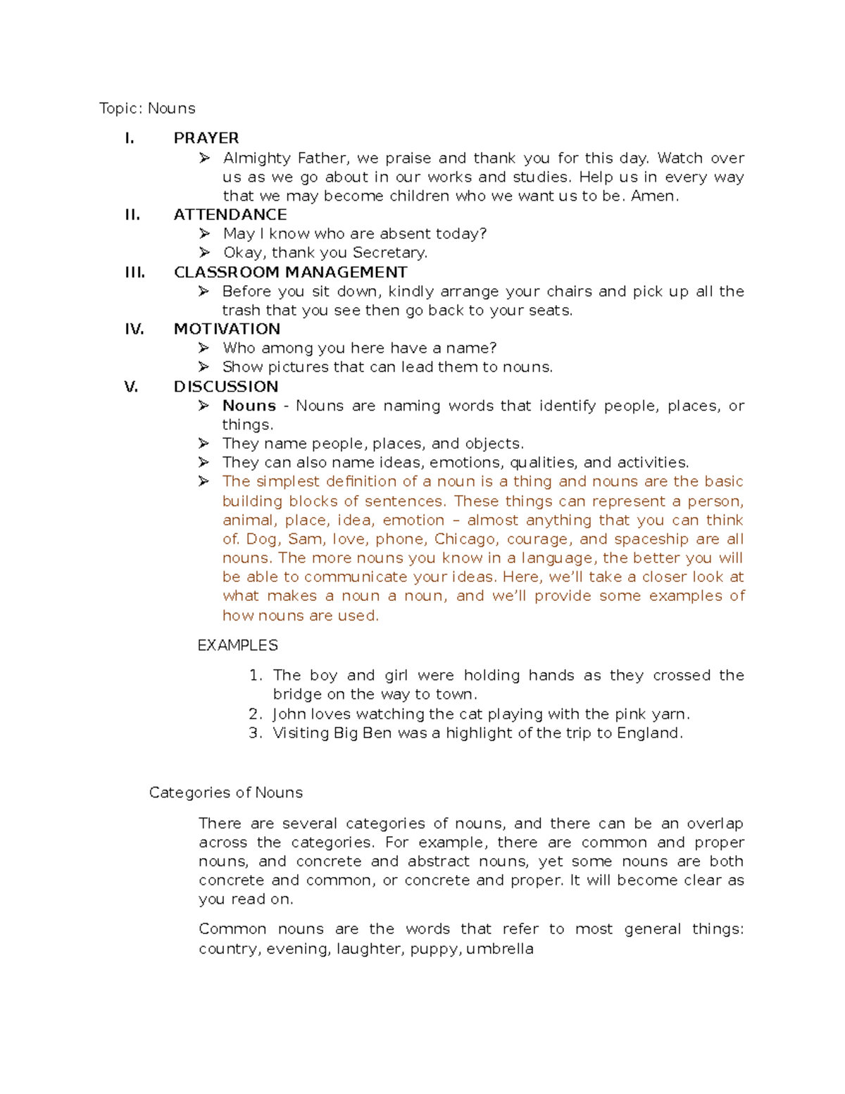 Lesson Plan Script - Jzbjbzkjzb - Topic: Nouns I. Prayer Almighty 
