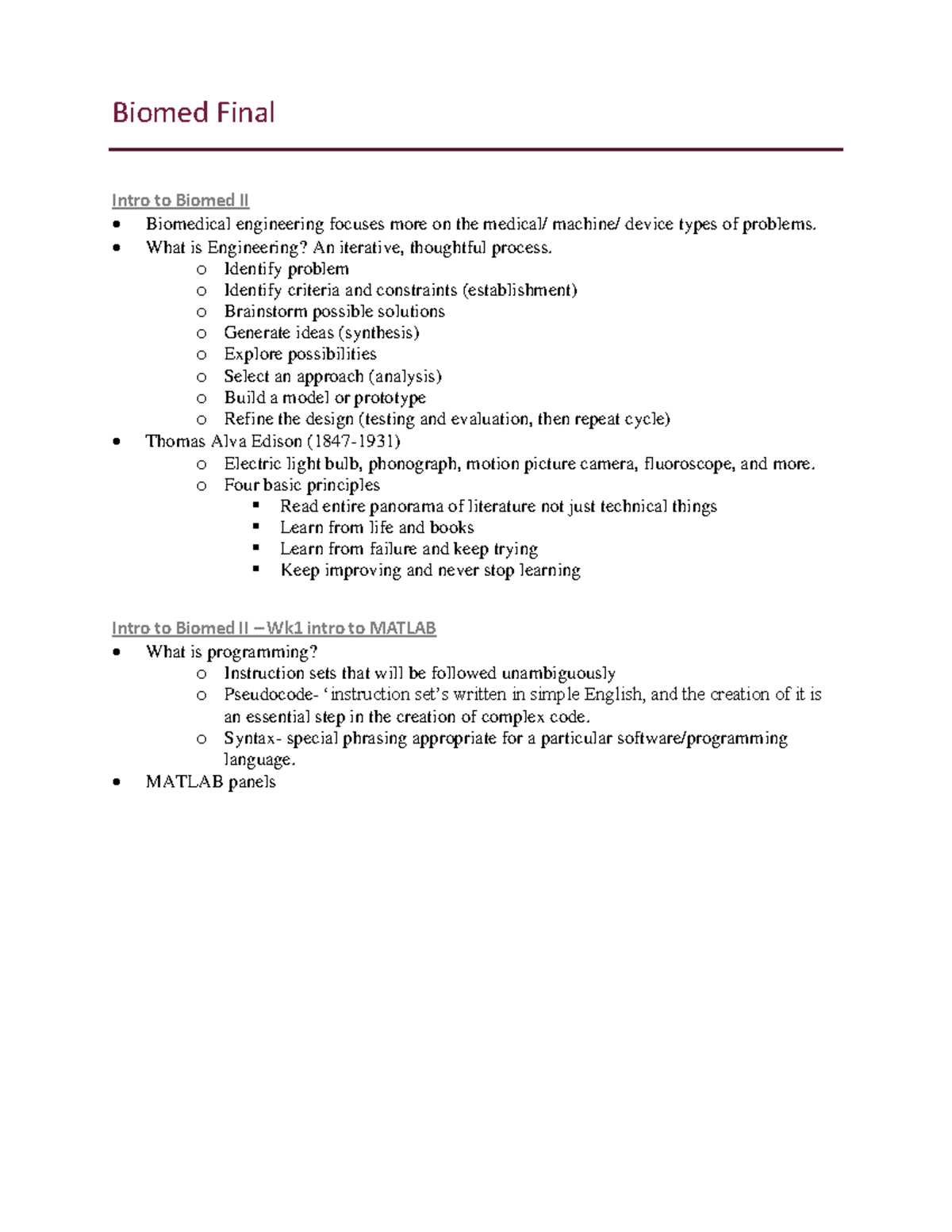 Biomed Final - Biomed Final Intro to Biomed II Biomedical engineering ...