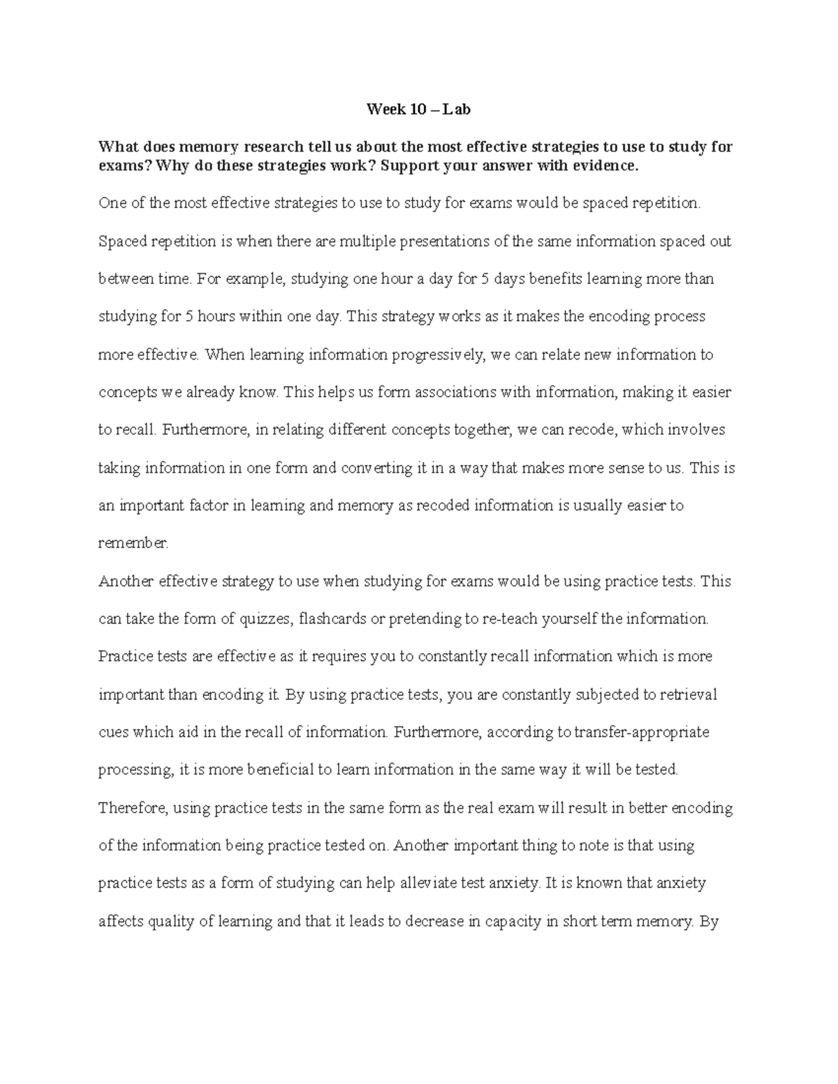 Week 10 Lab Work - Week 10 – Lab What does memory research tell us about the most effective ...