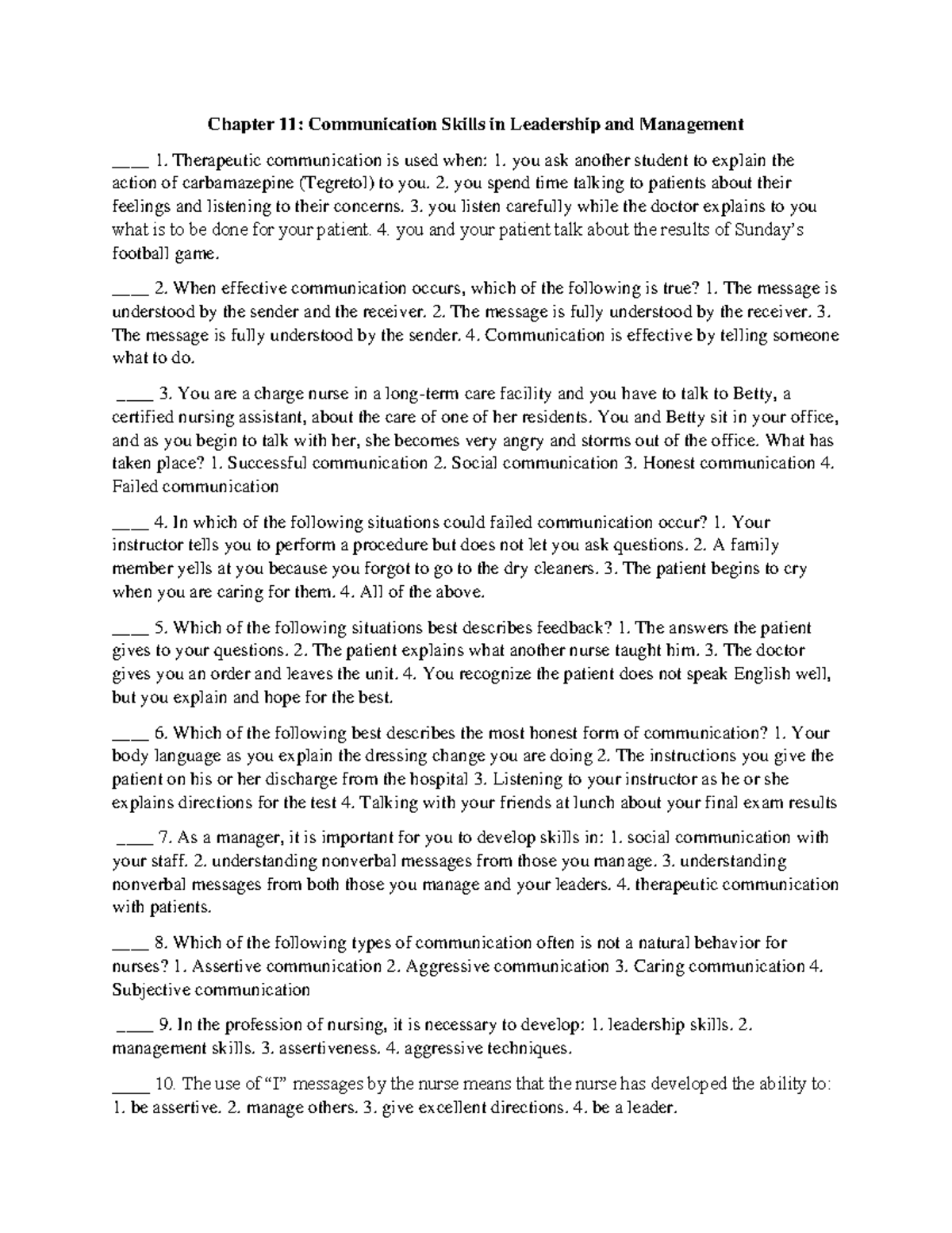 NUR233 Chapter 11 - Chapter 11: Communication Skills in Leadership and ...