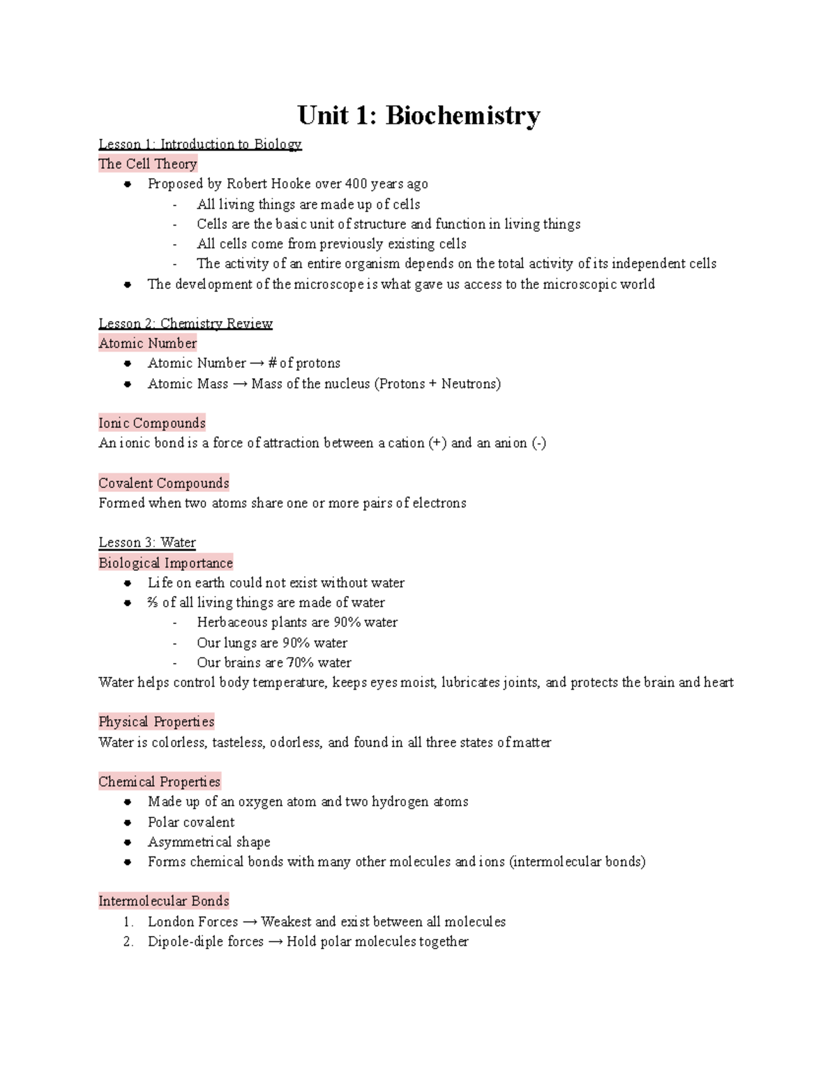 Biochemistry Unit Notes - Unit 1: Biochemistry Lesson 1: Introduction ...
