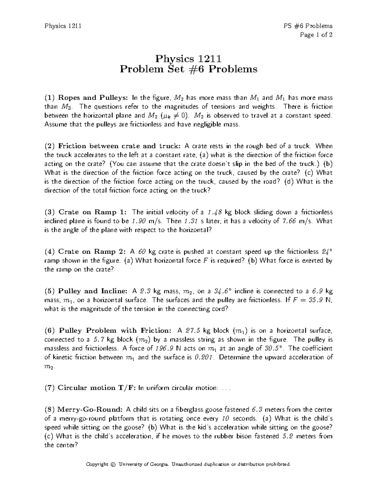 1211Problem Set 06 probs - Physics 1211 PS #6 Problems Page 1 of 2 ...
