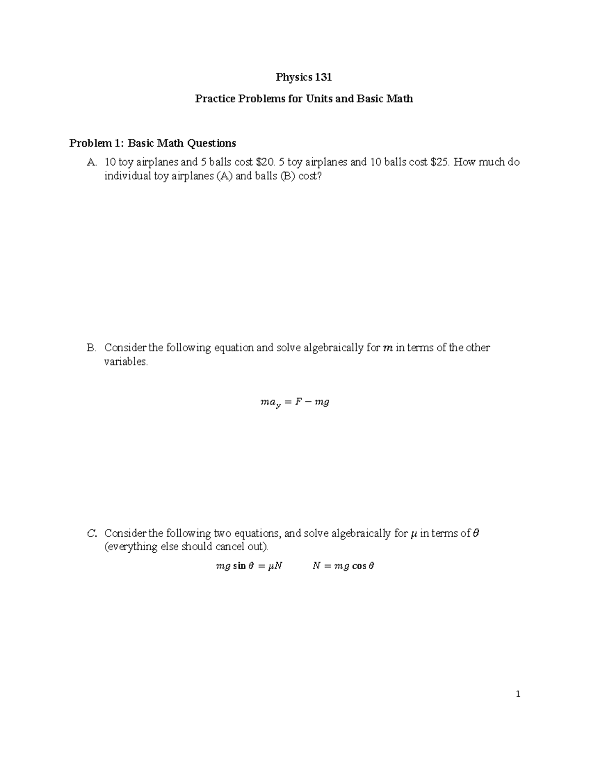 Week 0 Practice Problems - Physics 131 Practice Problems for Units and ...