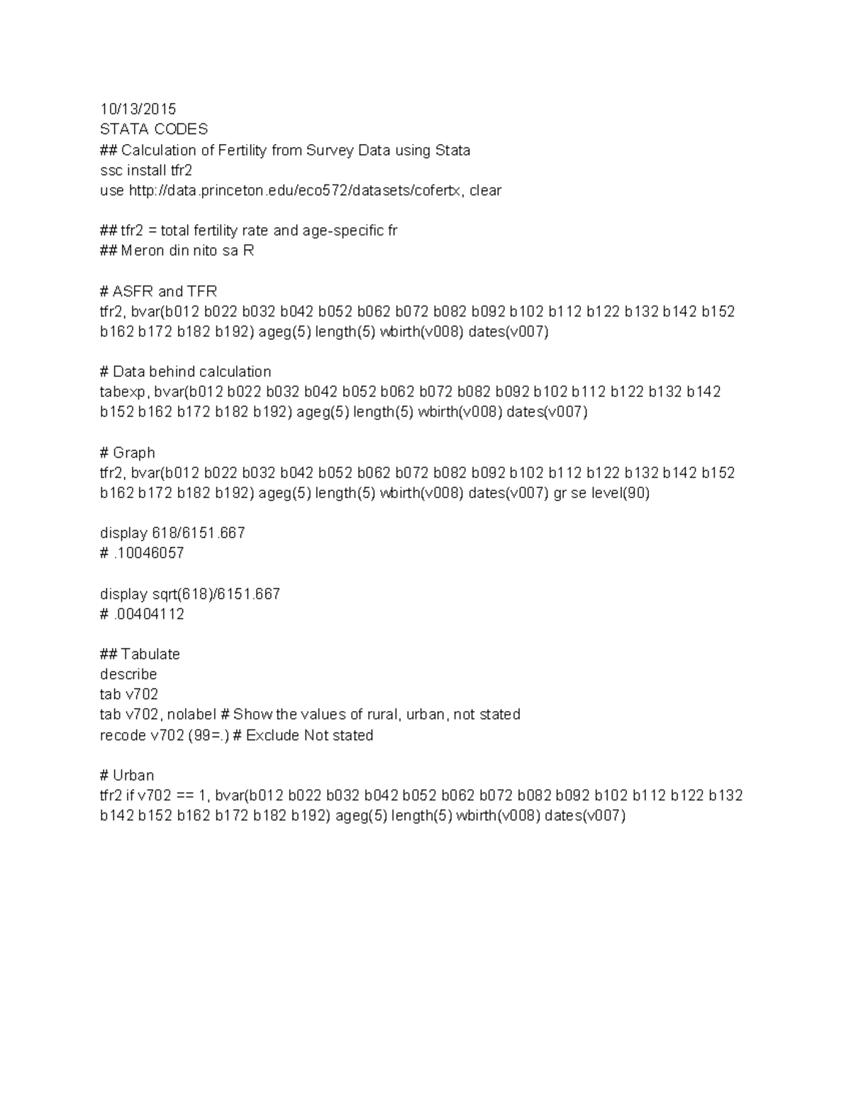 Stat 192 Stata Codes 1013 Stata Codes Calculation Of Fertility From Survey Data Using Stata