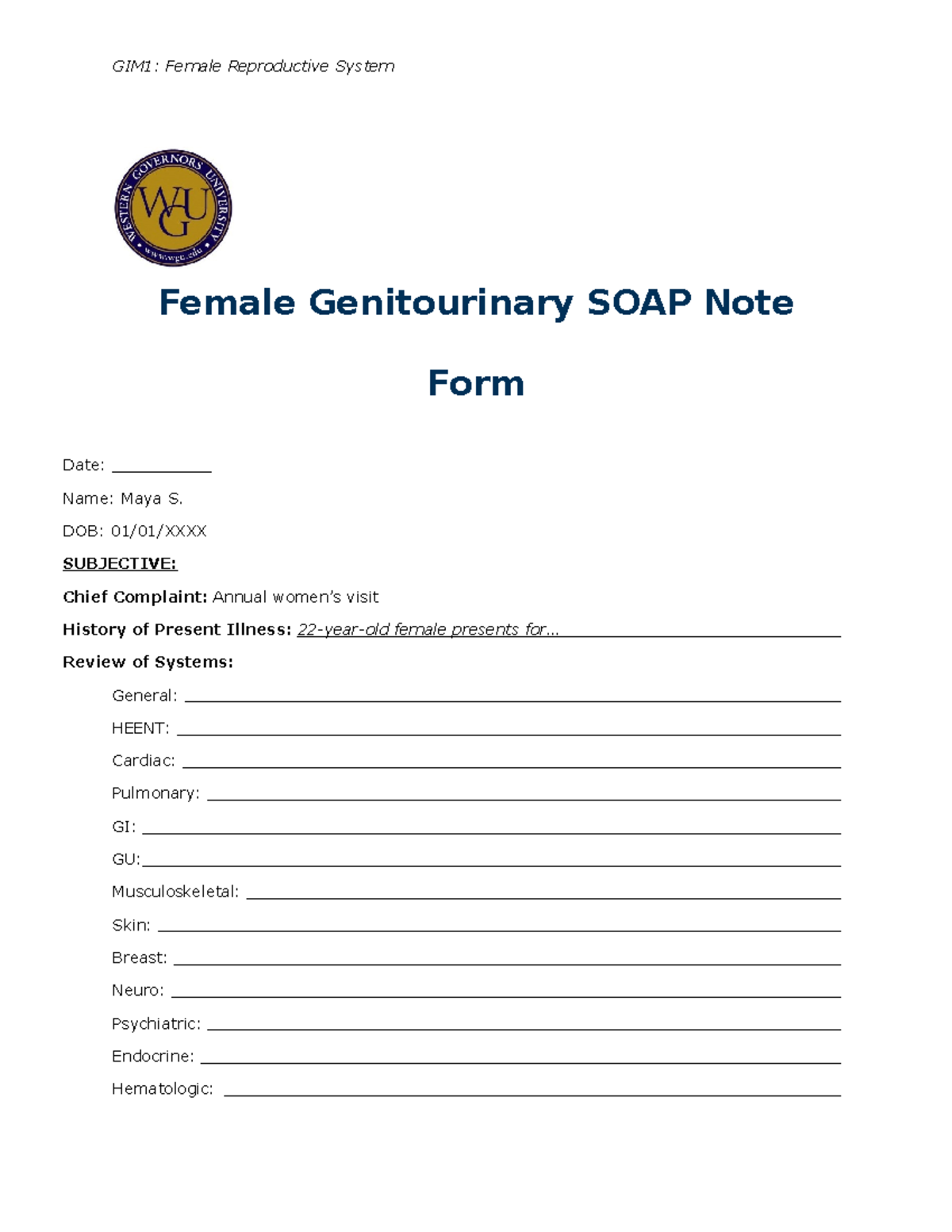 Female Genitourinary SOAP Note Form - GIM1: Female Reproductive System ...