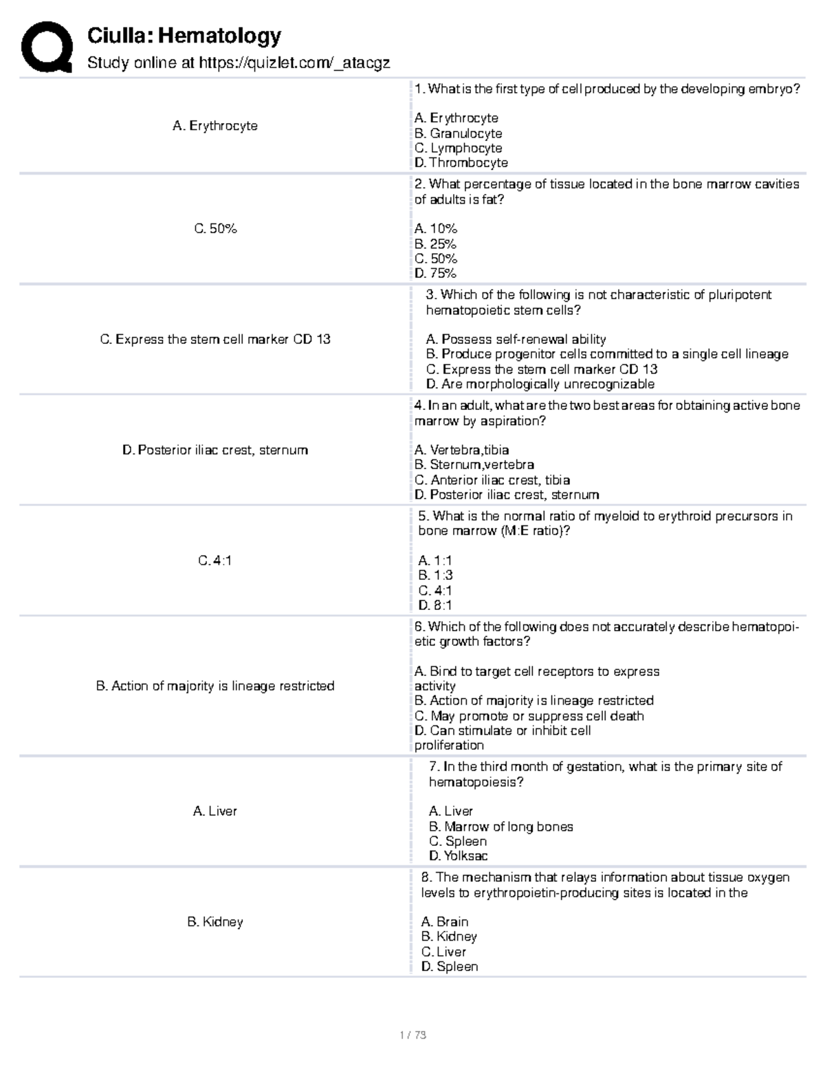 Ciulla Hematology - Study online at quizlet/_atacgz A. Erythrocyte 1 ...