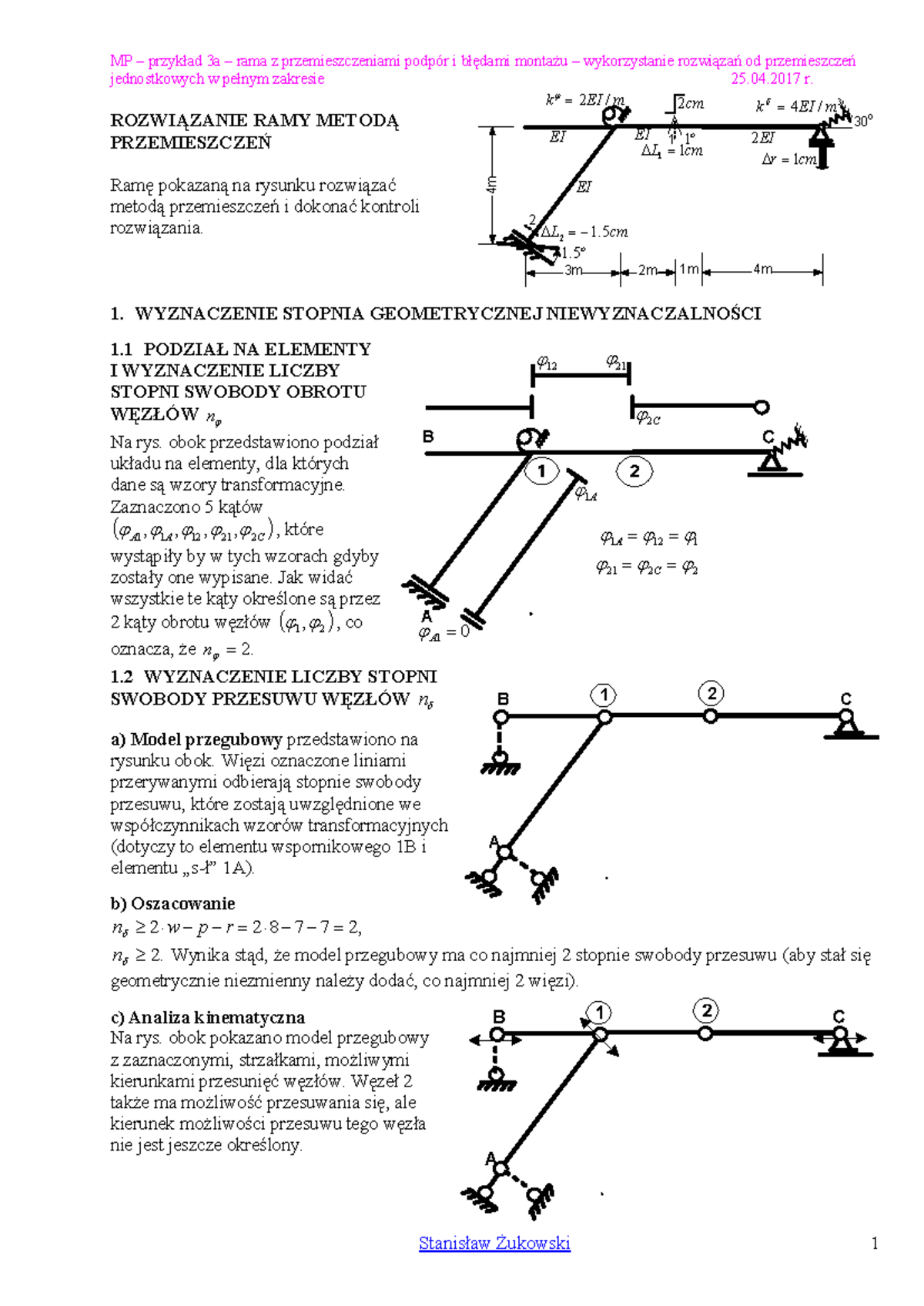 Metoda przemieszczen przyklad 3a - jednostkowych w pełnym zakresie 25. ...