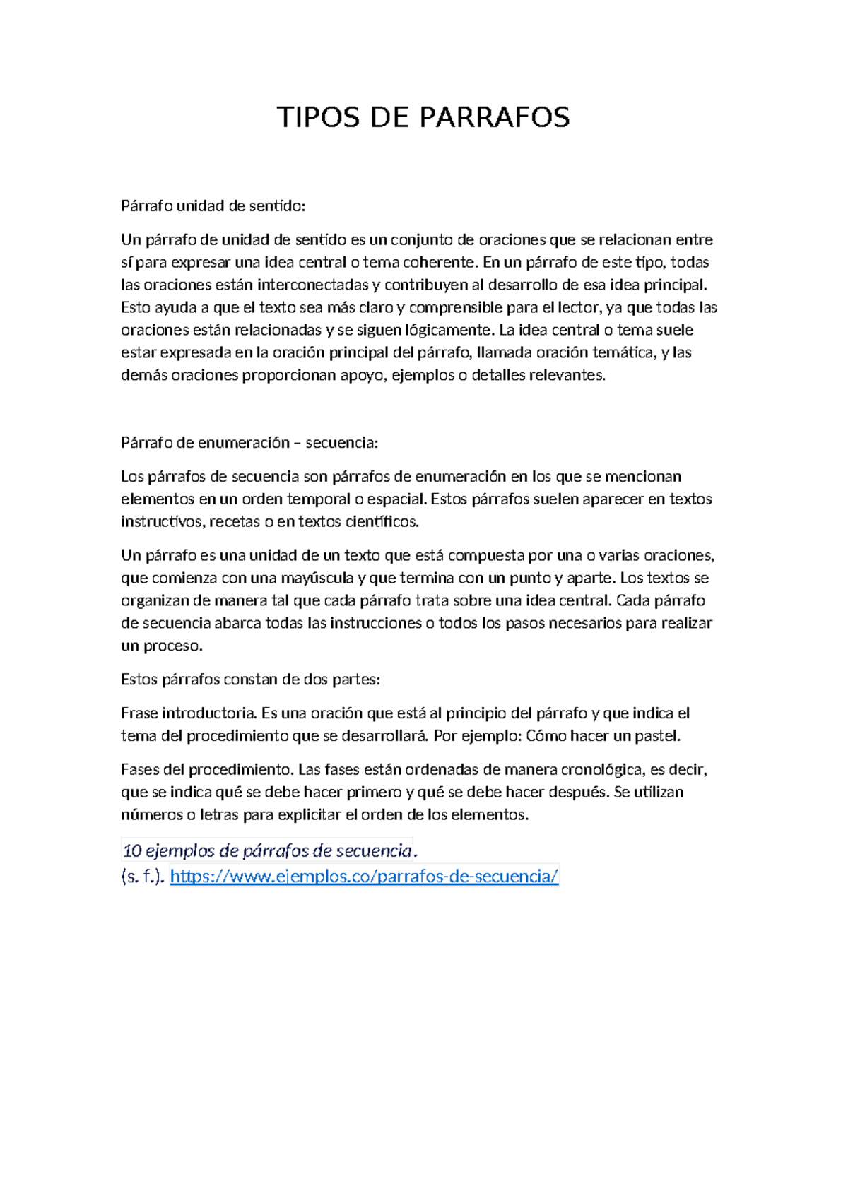 Tarea Lectura Párrafos - TIPOS DE PARRAFOS Párrafo unidad de sentido ...