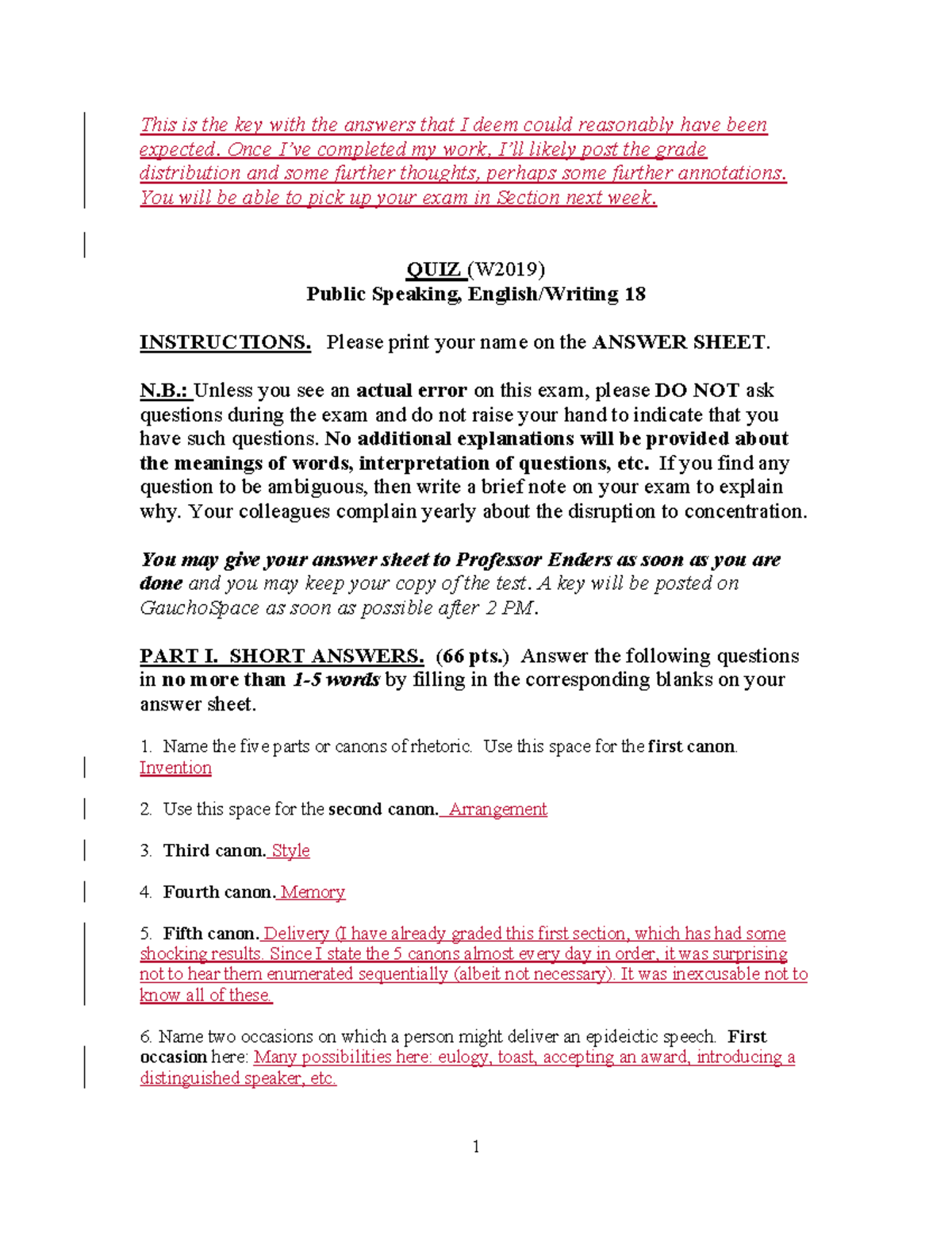 Key to Writ 18 Quiz - This is the key with the answers that I deem ...