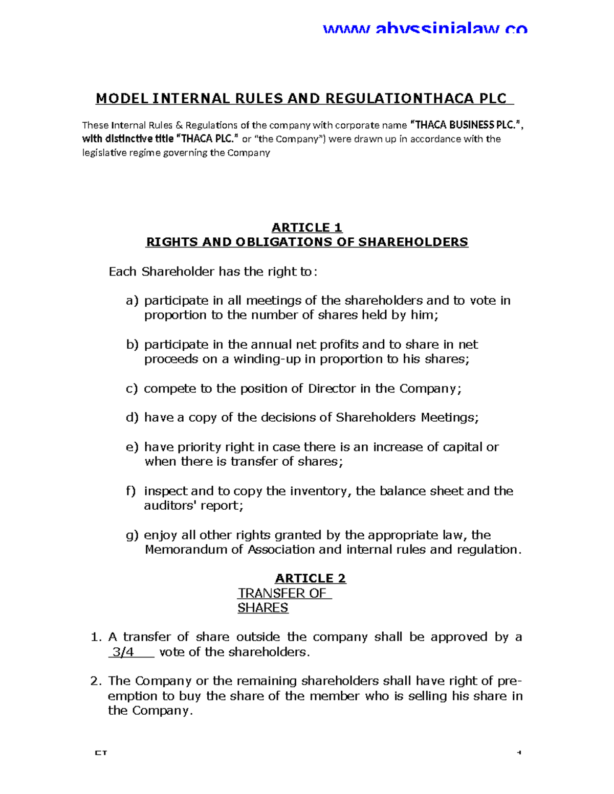 Model Articles OF Association OF A Share Company - MODEL INTERNAL RULES ...